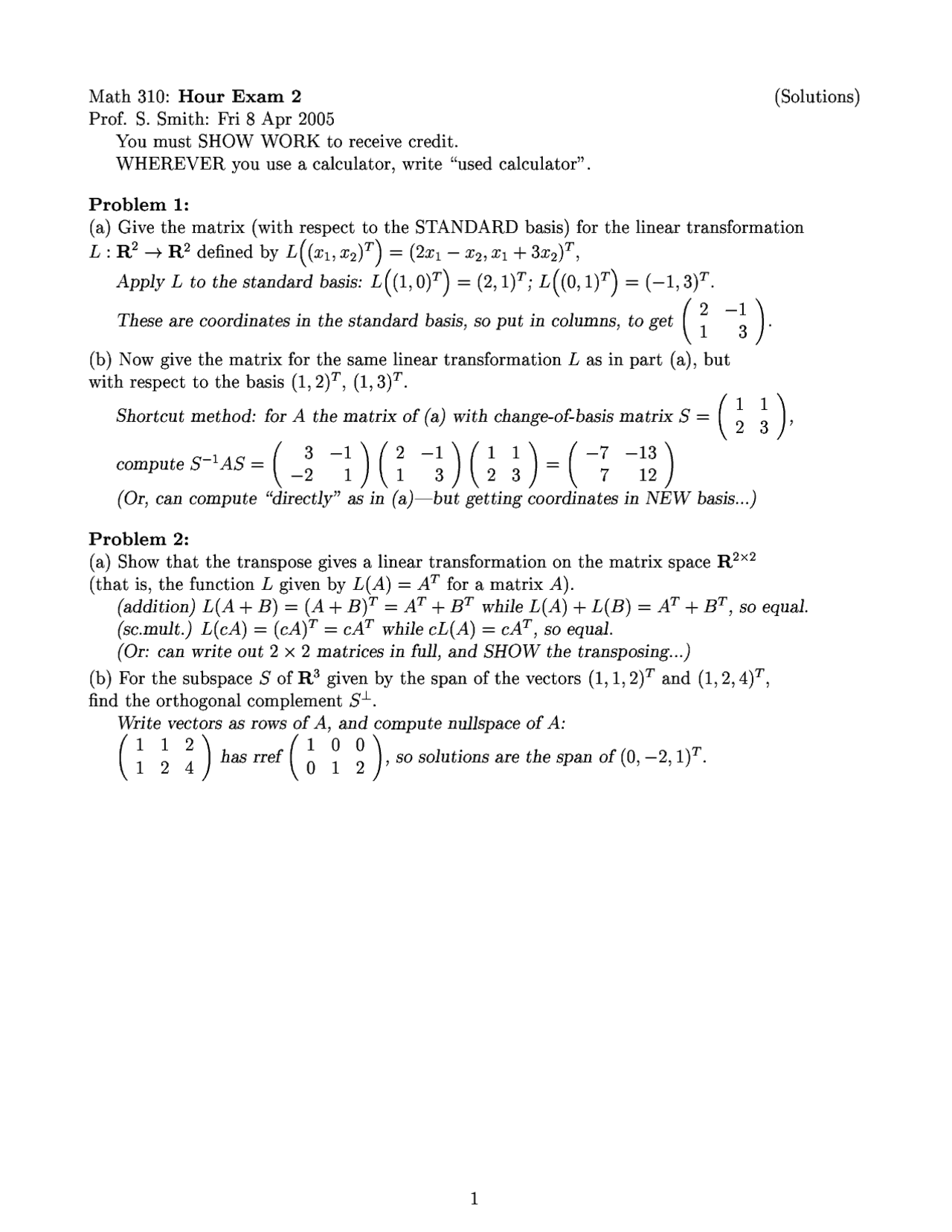 Exam 2 with Solutions - Applied Linear Algebra - Fall 2005 | MATH 310 - Docsity