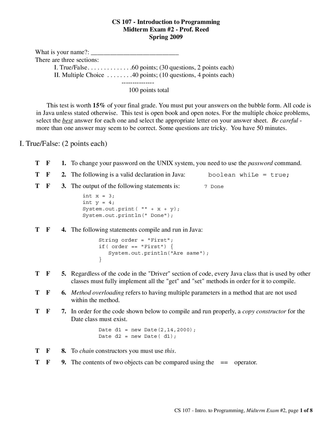 Midterm Exam 2 Introduction To Computing And Programming Cs 107 Docsity