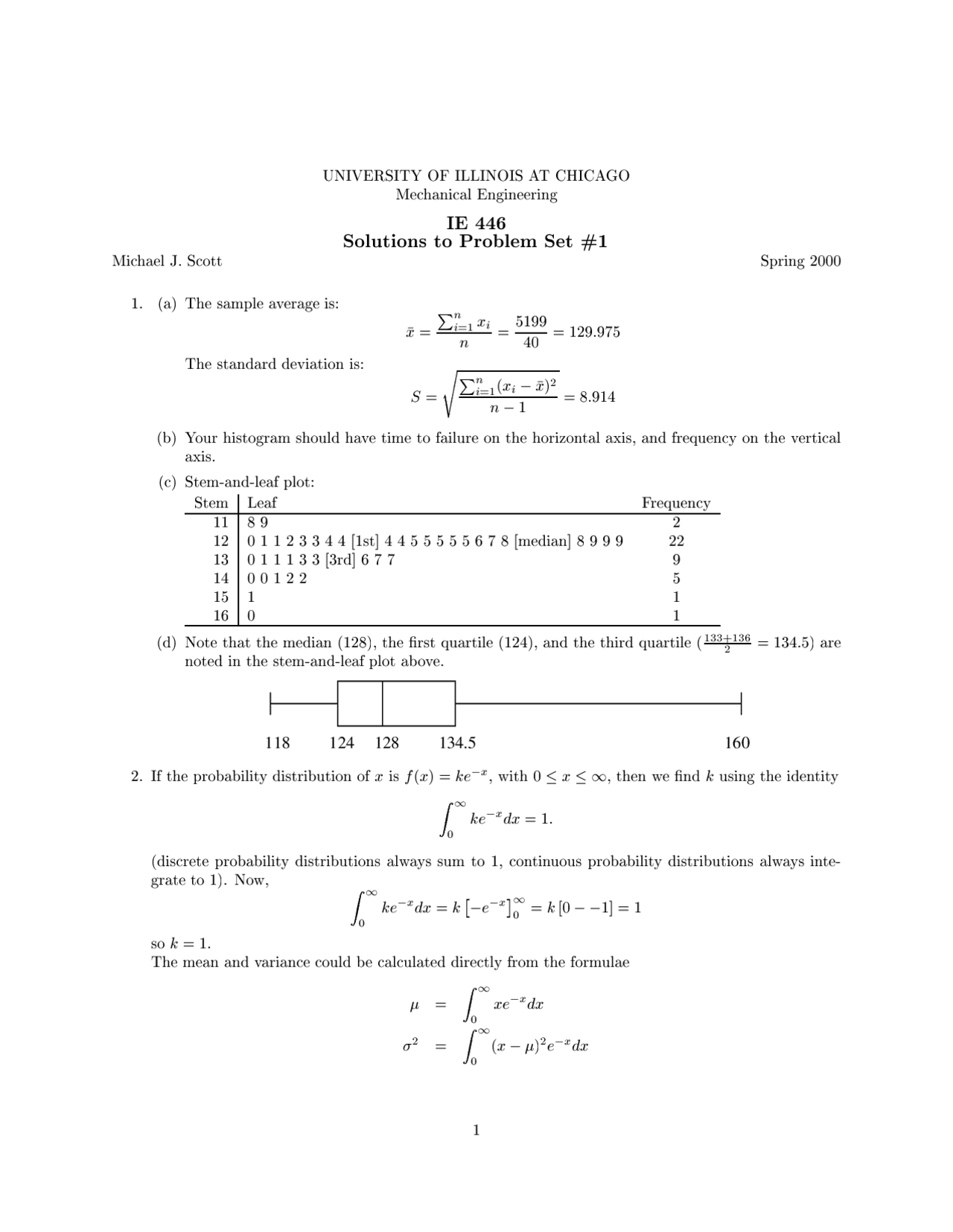 Solutions To Problem Set 1 Quality Control And Reliability Ie 446