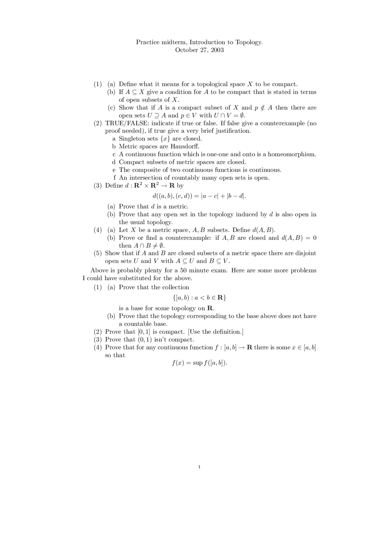 5 Problems On Introduction To Topology Midterm Exam Math 431 Docsity