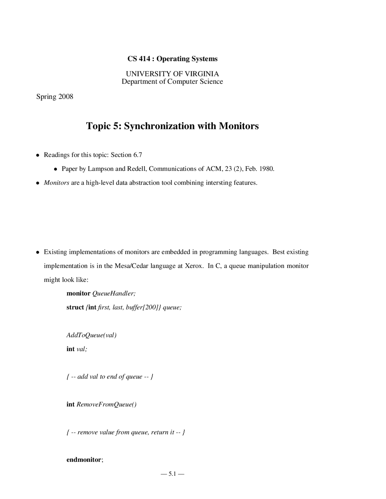 Topic 5 Synchronization With Monitors Operating Systems Cs 4414