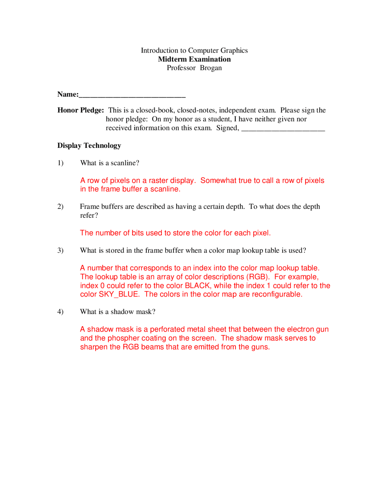 Introduction To Computer Graphics Solved Midterm Exam 1 Cs 4810 Docsity