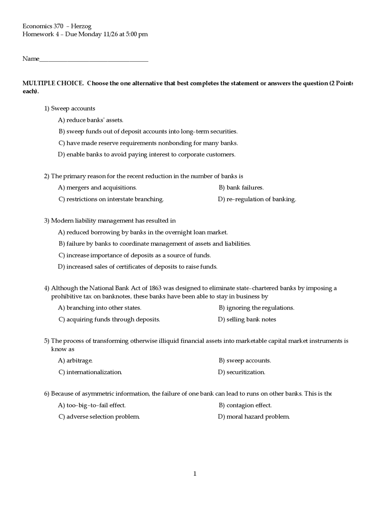 19 Questions For Assignment 4 Money And Banking Ec 370 Docsity