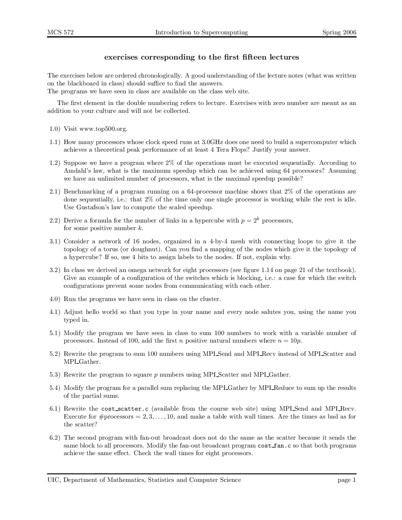 Introduction To Supercomputing Exercises Questions Mcs 572 Docsity