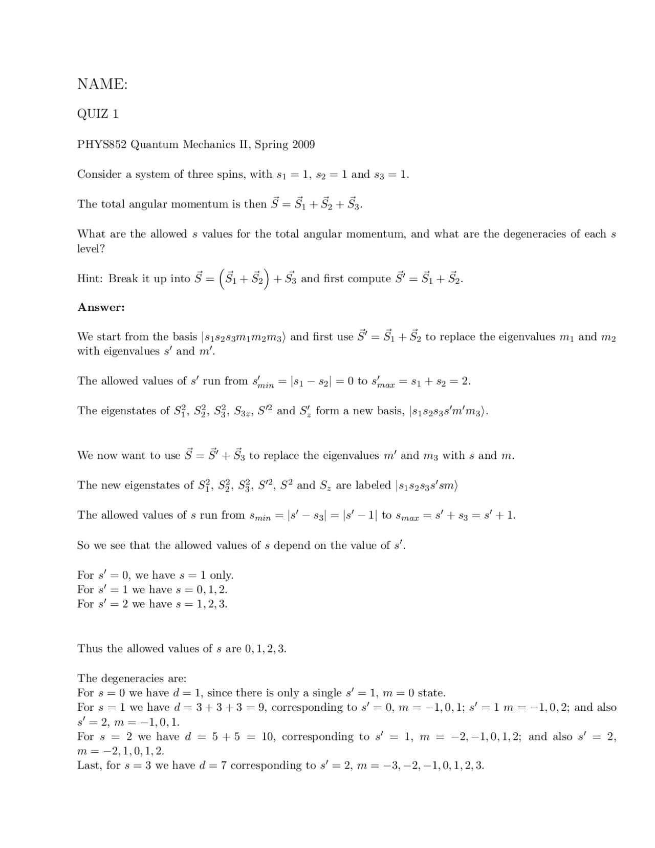 Quiz 1 Questions with Answers - Quantum Mechanics II | PHY 852 ...