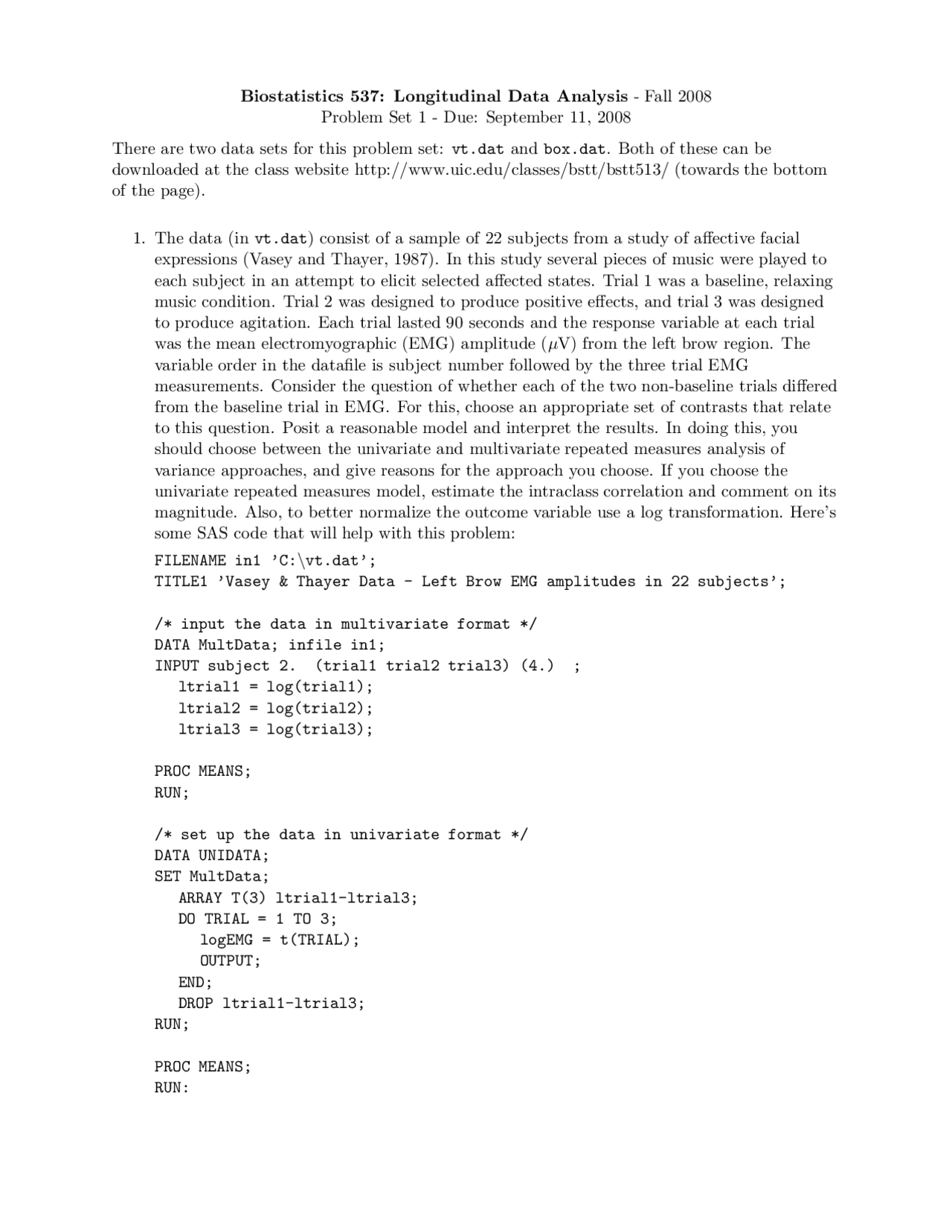Problem Set 1 for Longitudinal Data Analysis | BSTT 537 | Assignments Biostatistics | Docsity