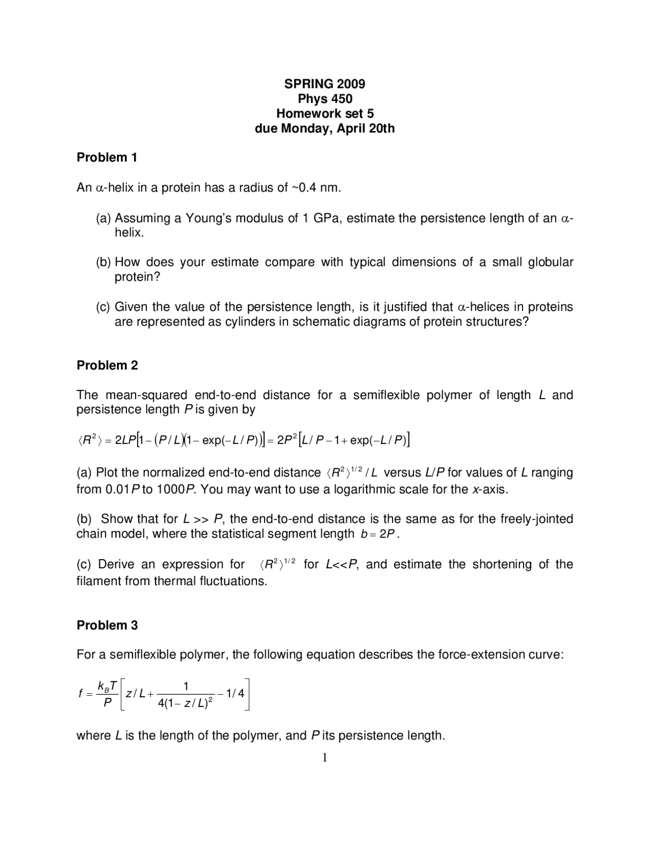 Homework Set 5 Molecular Biophysics Of The Cell Phys 450 Docsity