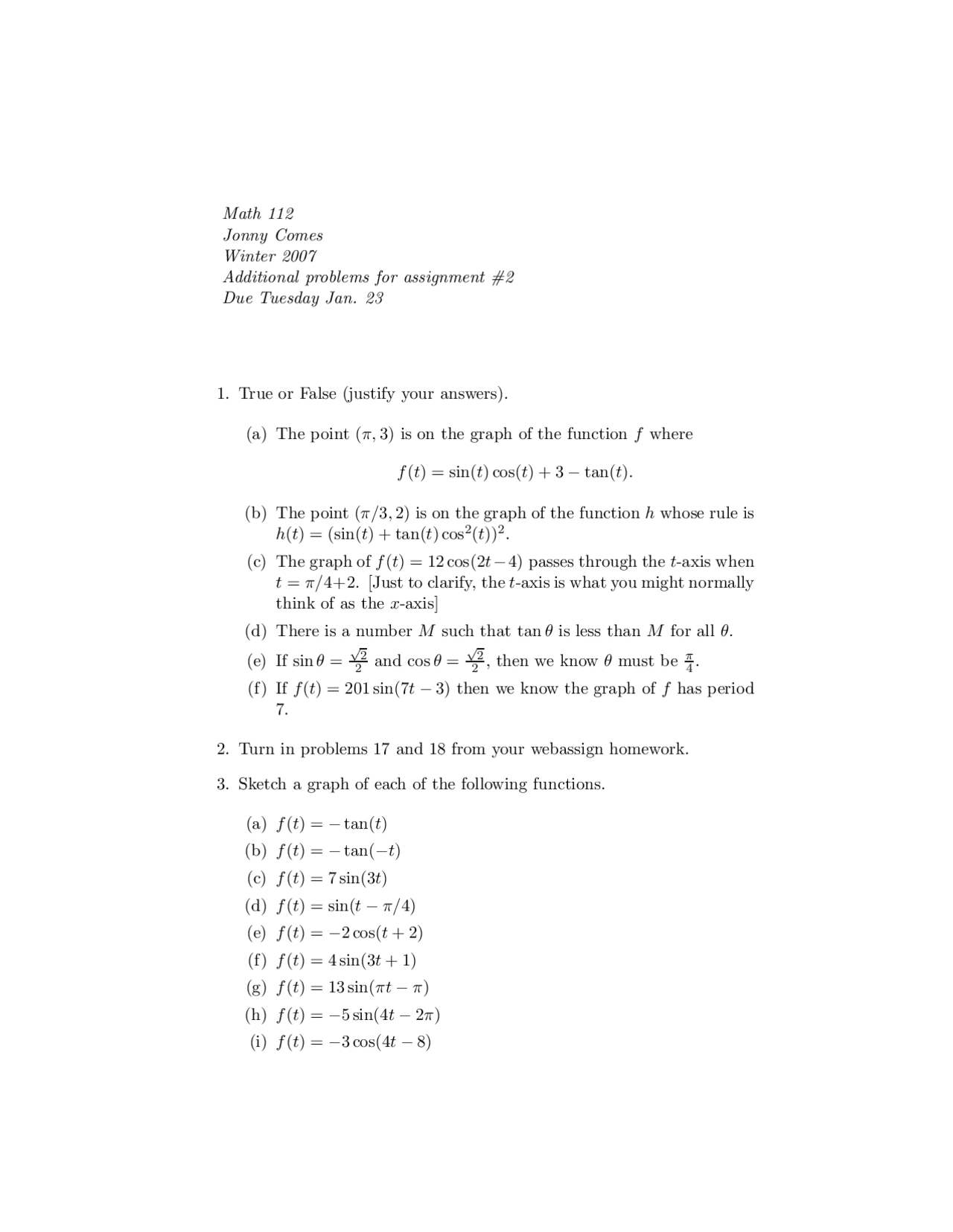 Solved Problems For Assignment 2 Elementary Functions Fall 2007