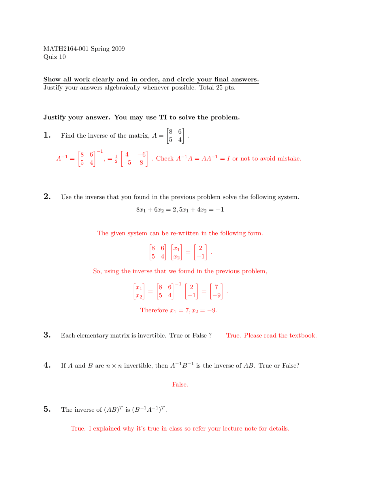 Quiz 10 With Answer Key Matrices And Linear Algebra Math 2164 Docsity