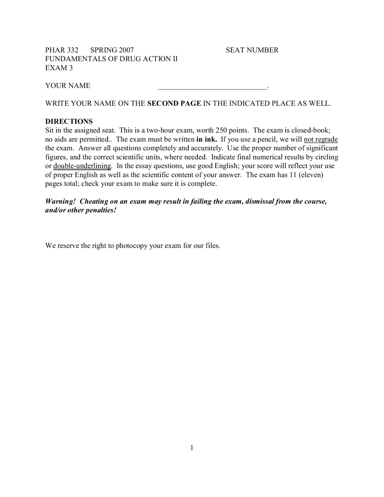 Practice Exam 3 Fundamentals Of Drug Action Ii Spring 2007 Phar