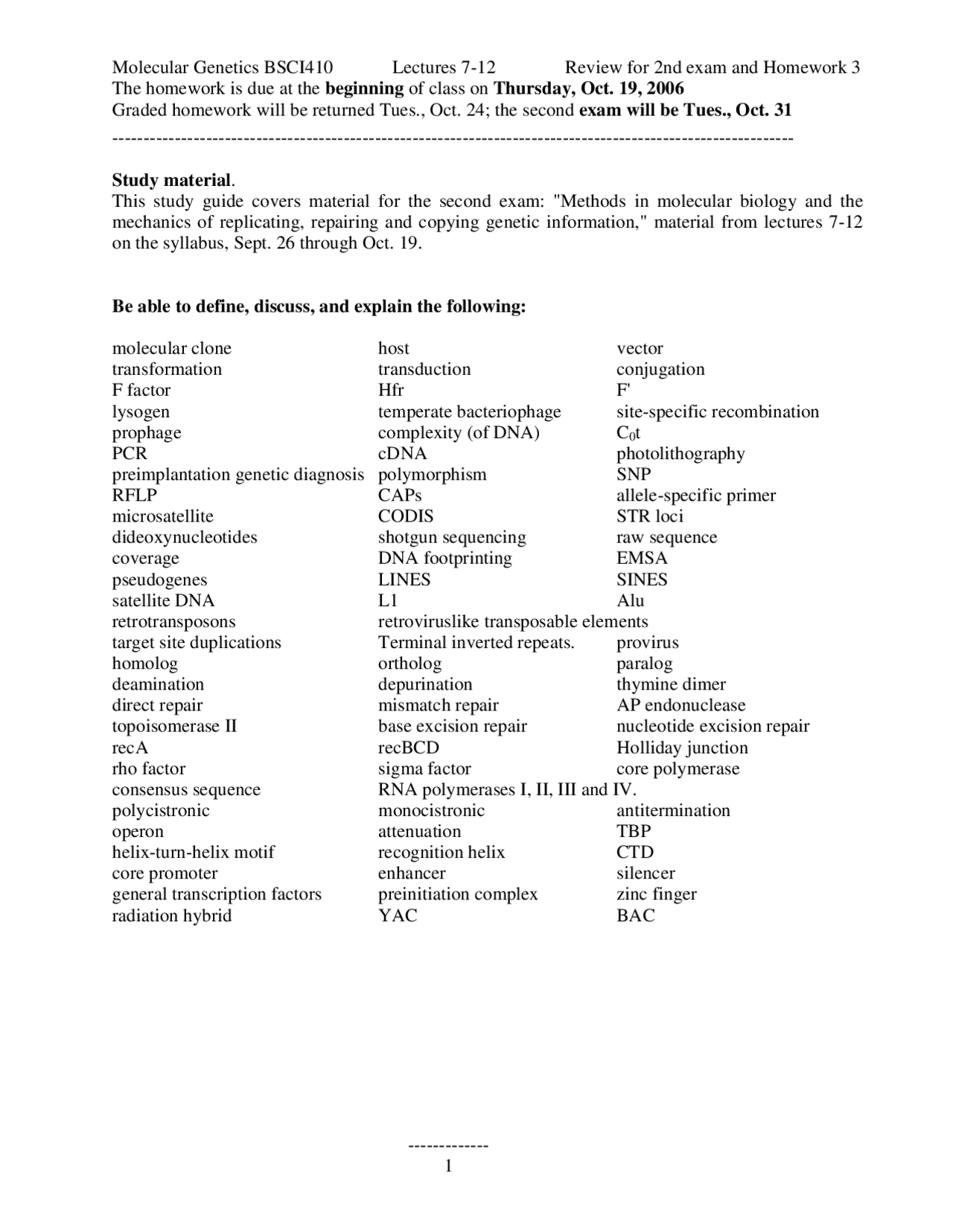 Molecular Genetics BSCI410: Exam 2 Review & Homework 3 - Key Concepts ...