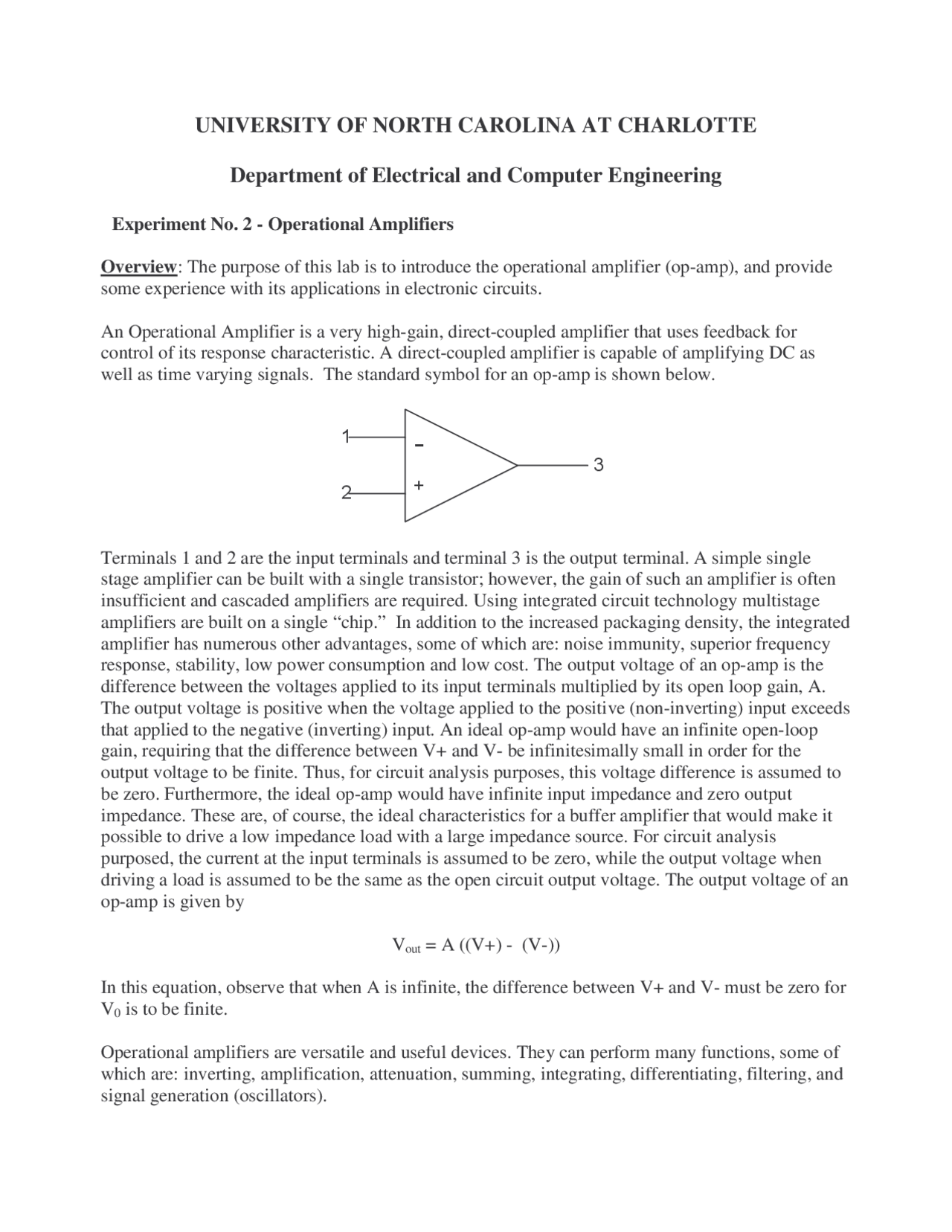 Notes On Operational Amplifiers Experiment 2 Ecgr 3156 Docsity