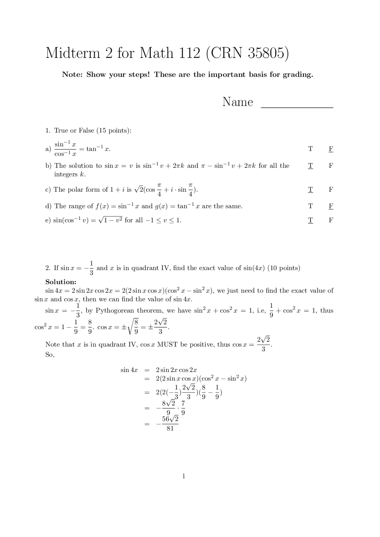 Midterm Exam 2 With Solutions Elementary Functions Math 112 Docsity