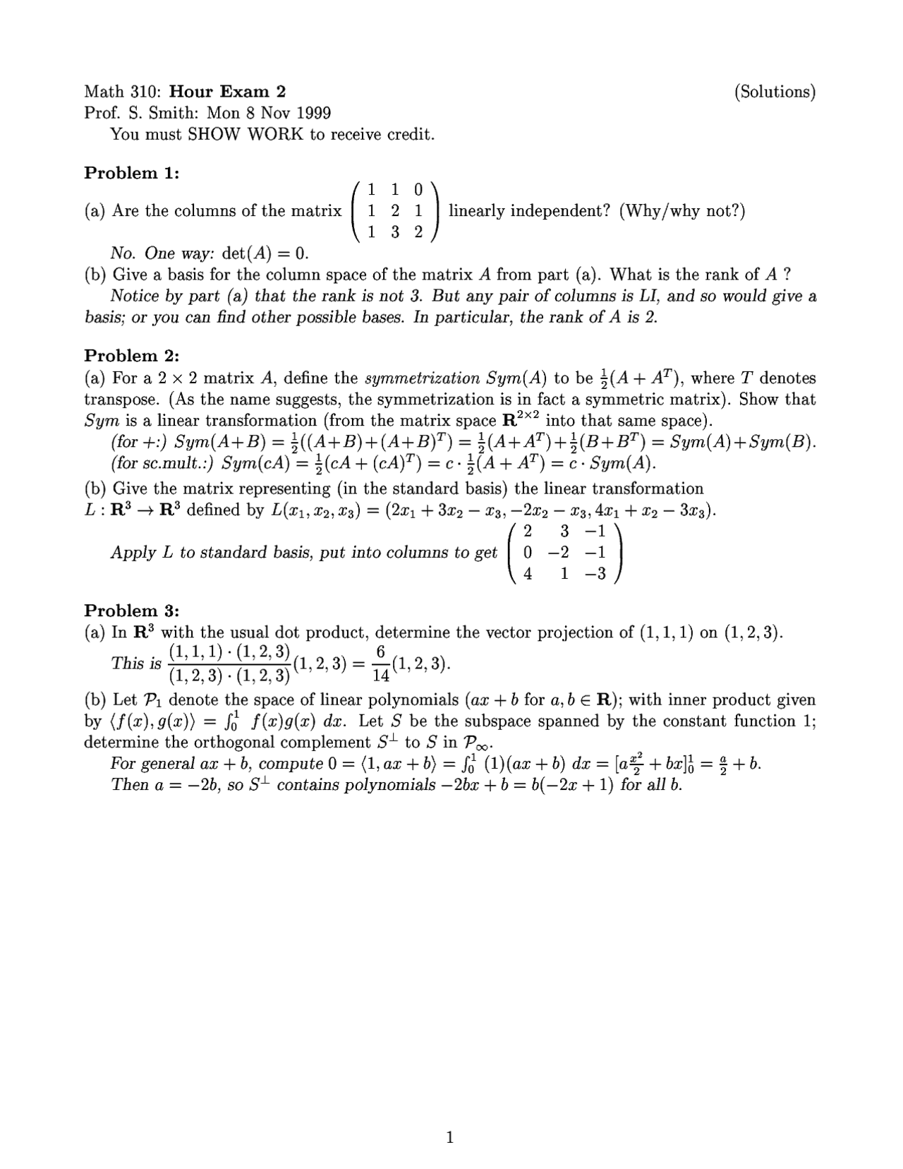 Applied Linear Algebra Exam 2 With Solutions Math 310 Docsity
