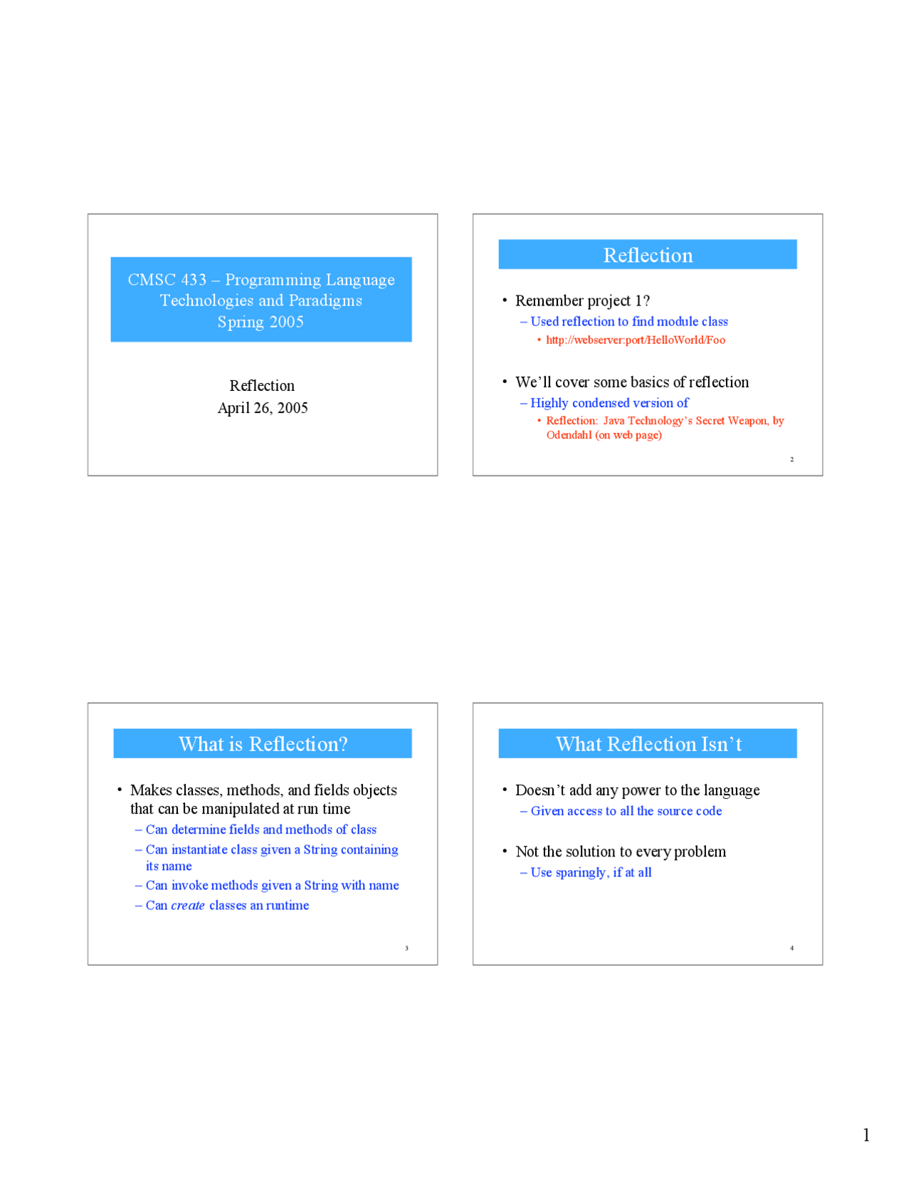 Slides on Reflection - Program Language Techniques | CMSC 433 - Docsity Slides on Reflection - Program Language Techniques | CMSC 433 - Docsity