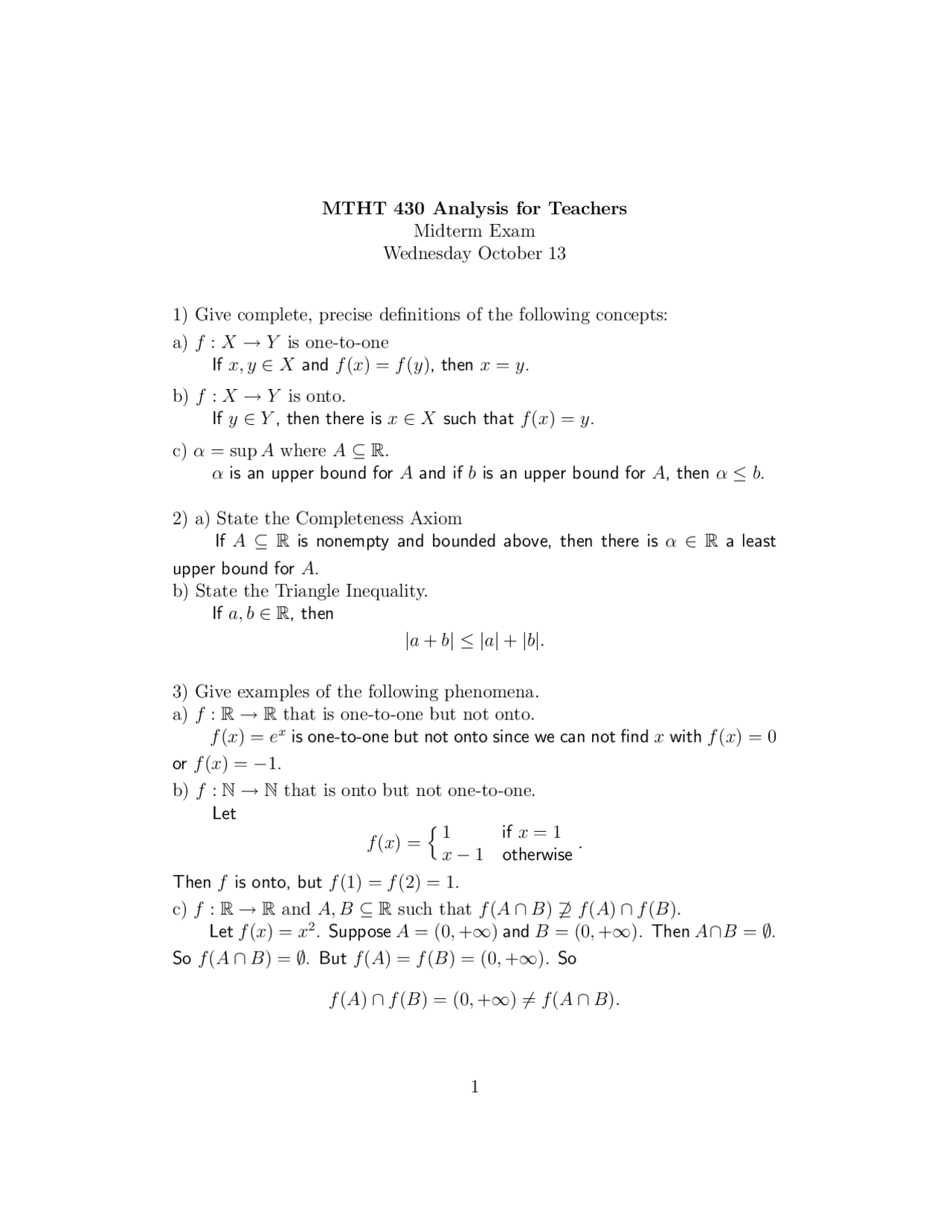Midterm Exam On Mathematical Analysis For Teachers I With Answers