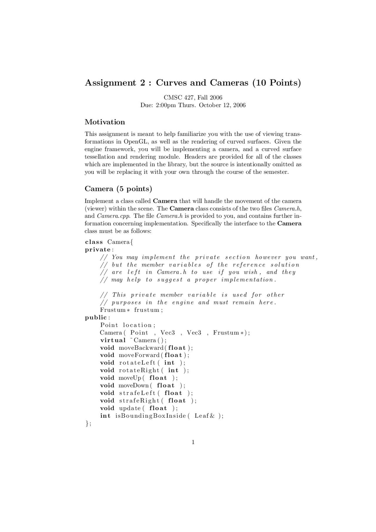Assignment 2 Curves And Cameras Computer Graphics Cmsc 427 Docsity