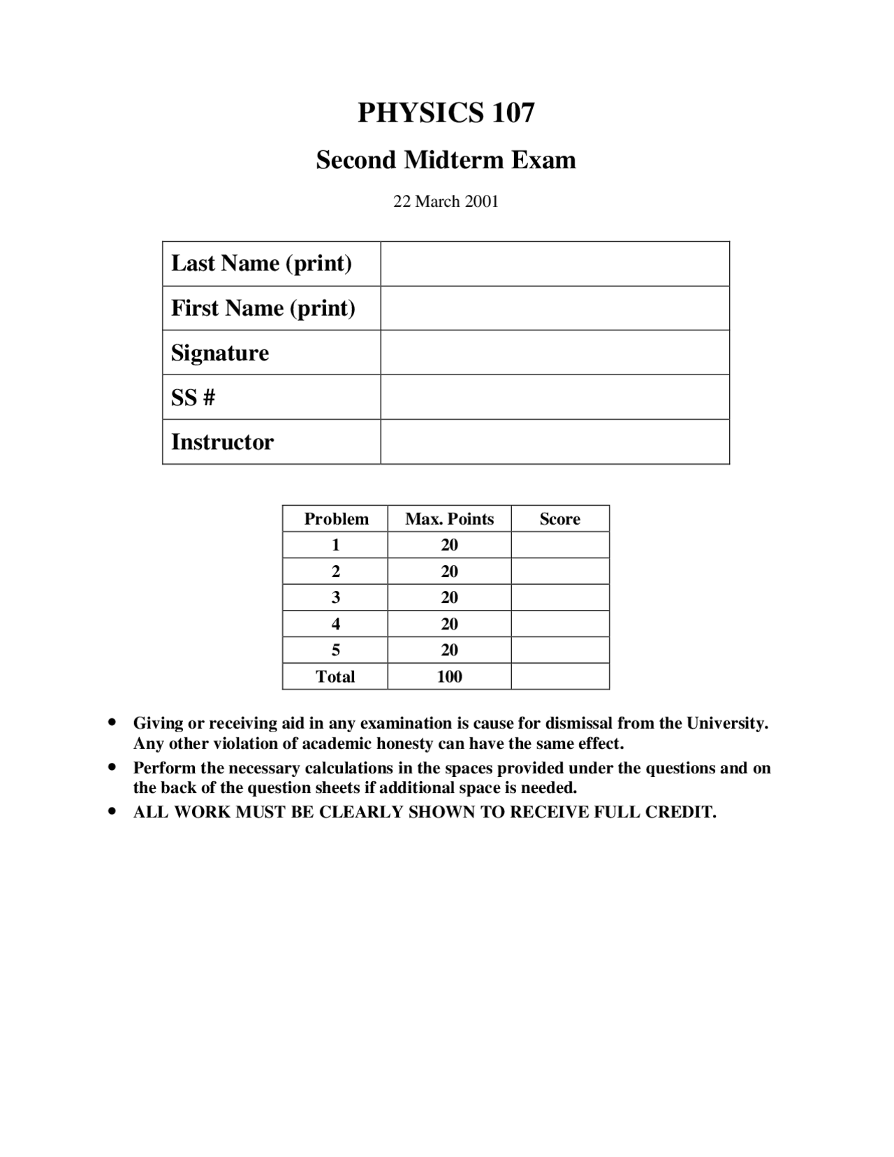 Second Midterm Exam With Answers Introductory Physics Ii Phys 107