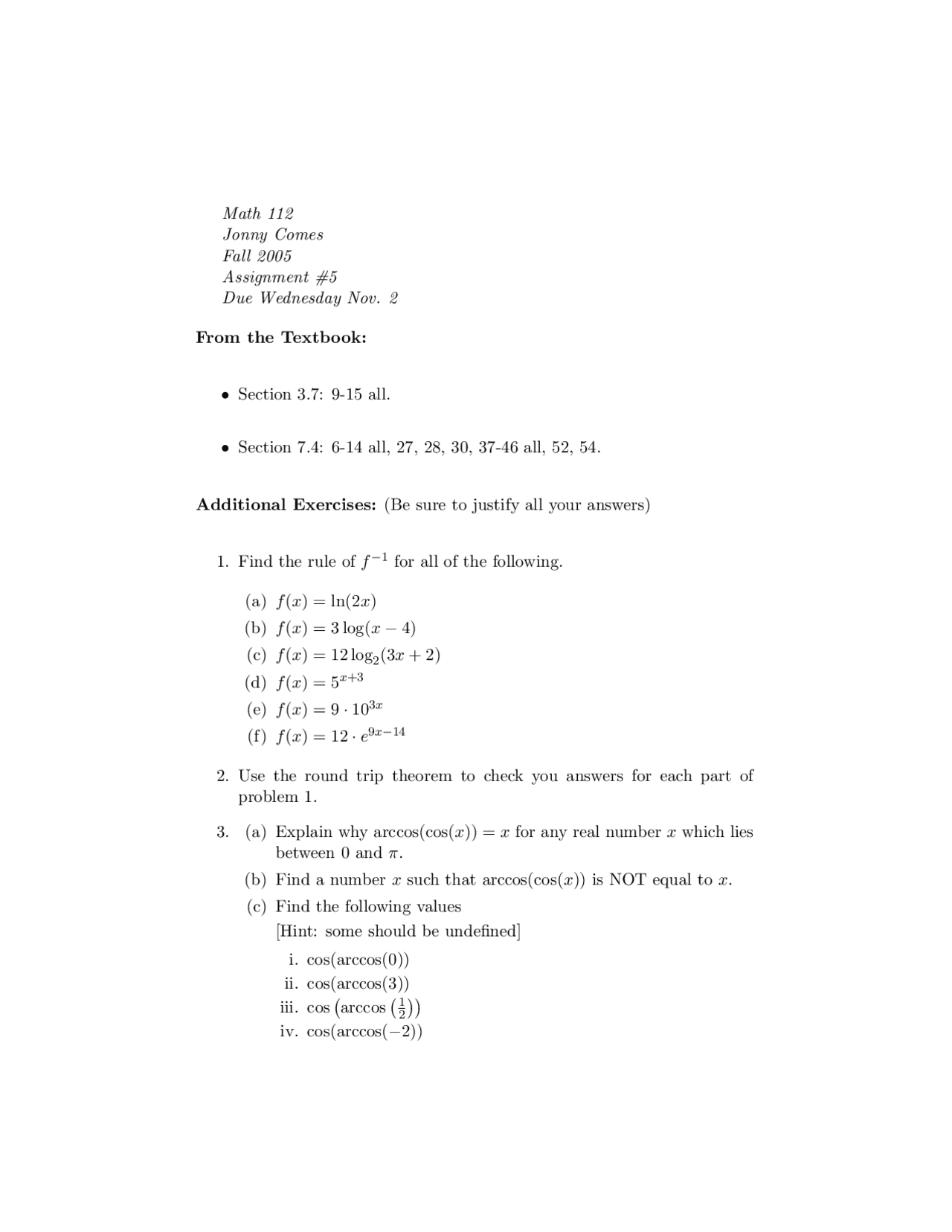4 Questions on Elementary Functions - Practice Assignment 5 | MATH 112 - Docsity