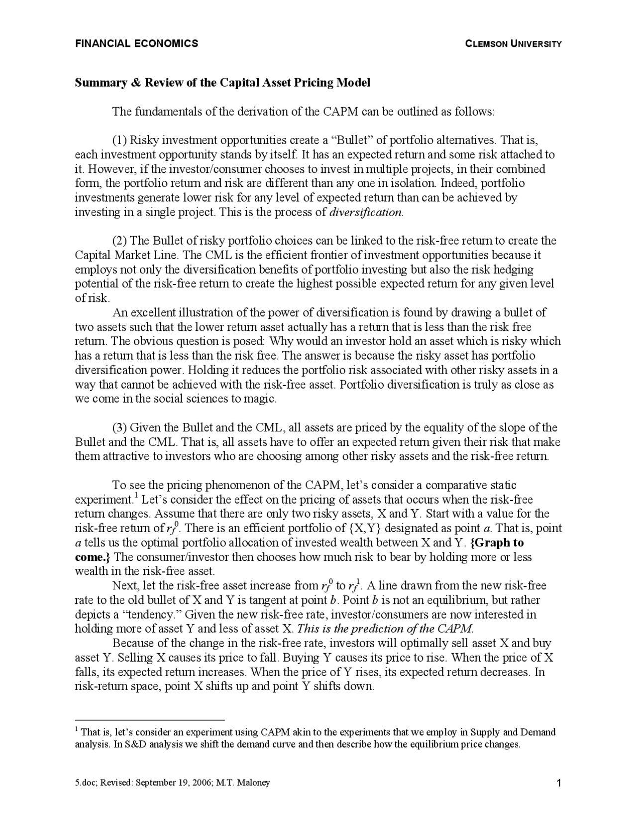 Summary And Review Of The Capital Asset Pricing Model Econ 855 Docsity