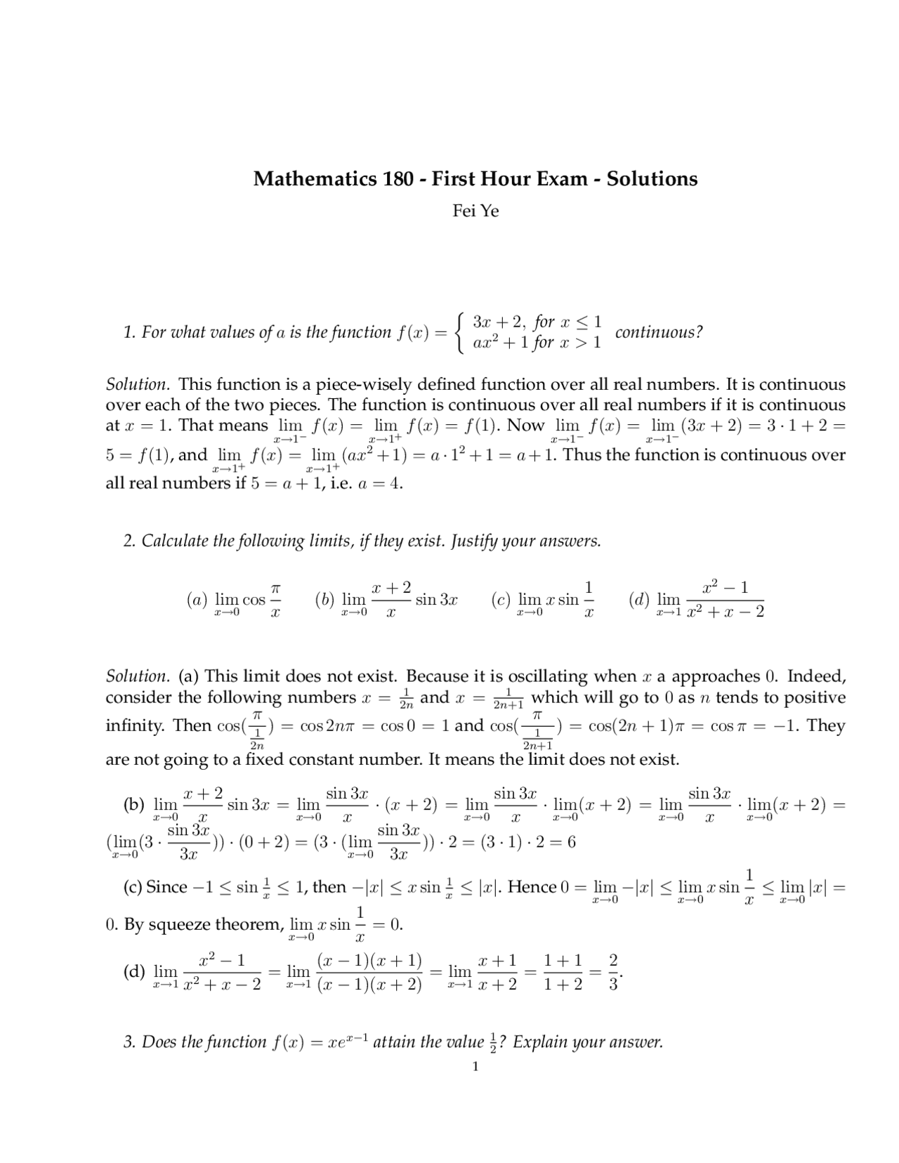Solutions For Examination 1 Calculus I Math 180 Docsity