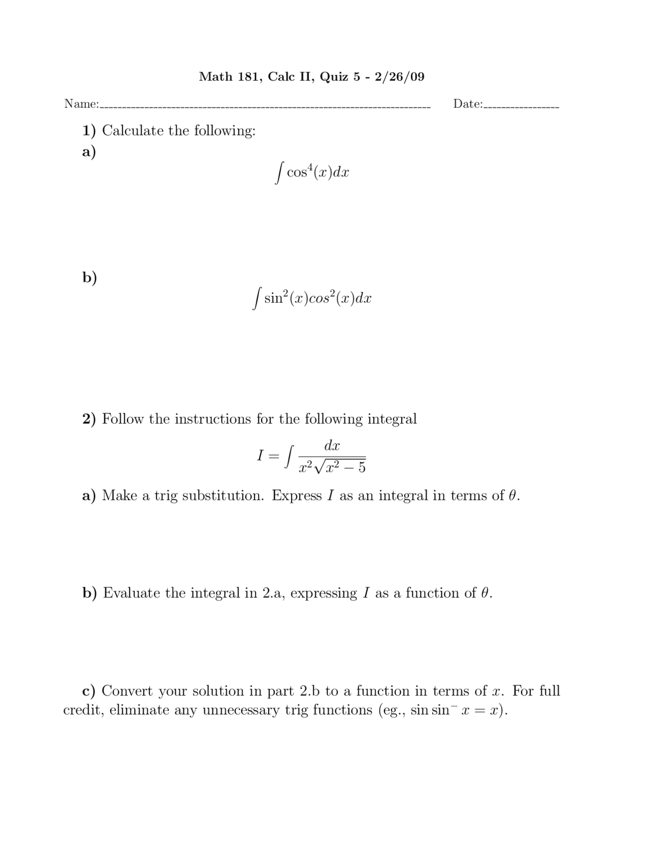 Quiz 5 Practice Questions - Calculus II | MATH 181 | Quizzes Calculus | Docsity