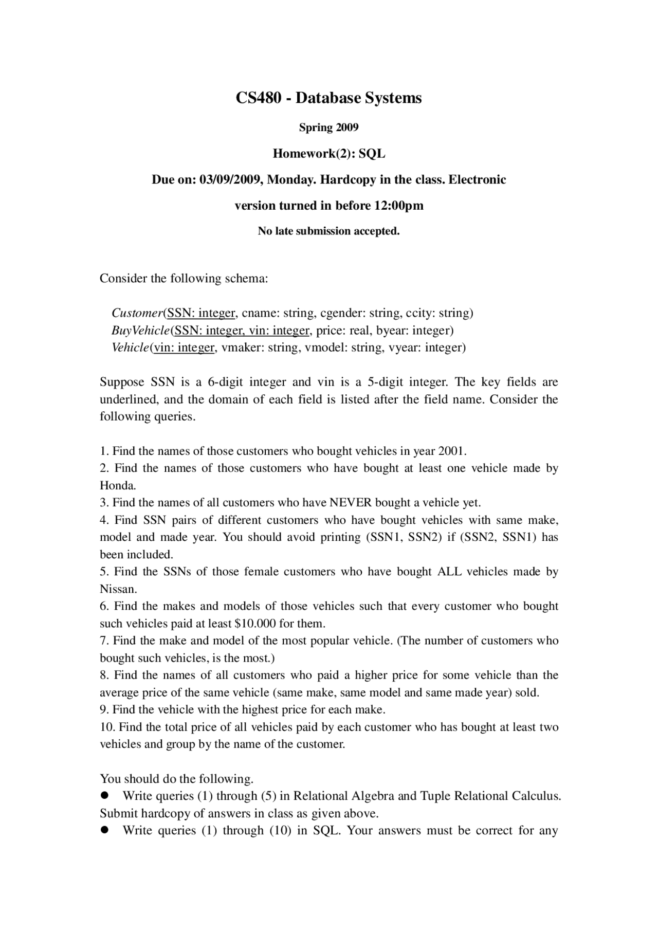 Homework 2 With 10 Problems Database Systems Cs 480 Docsity