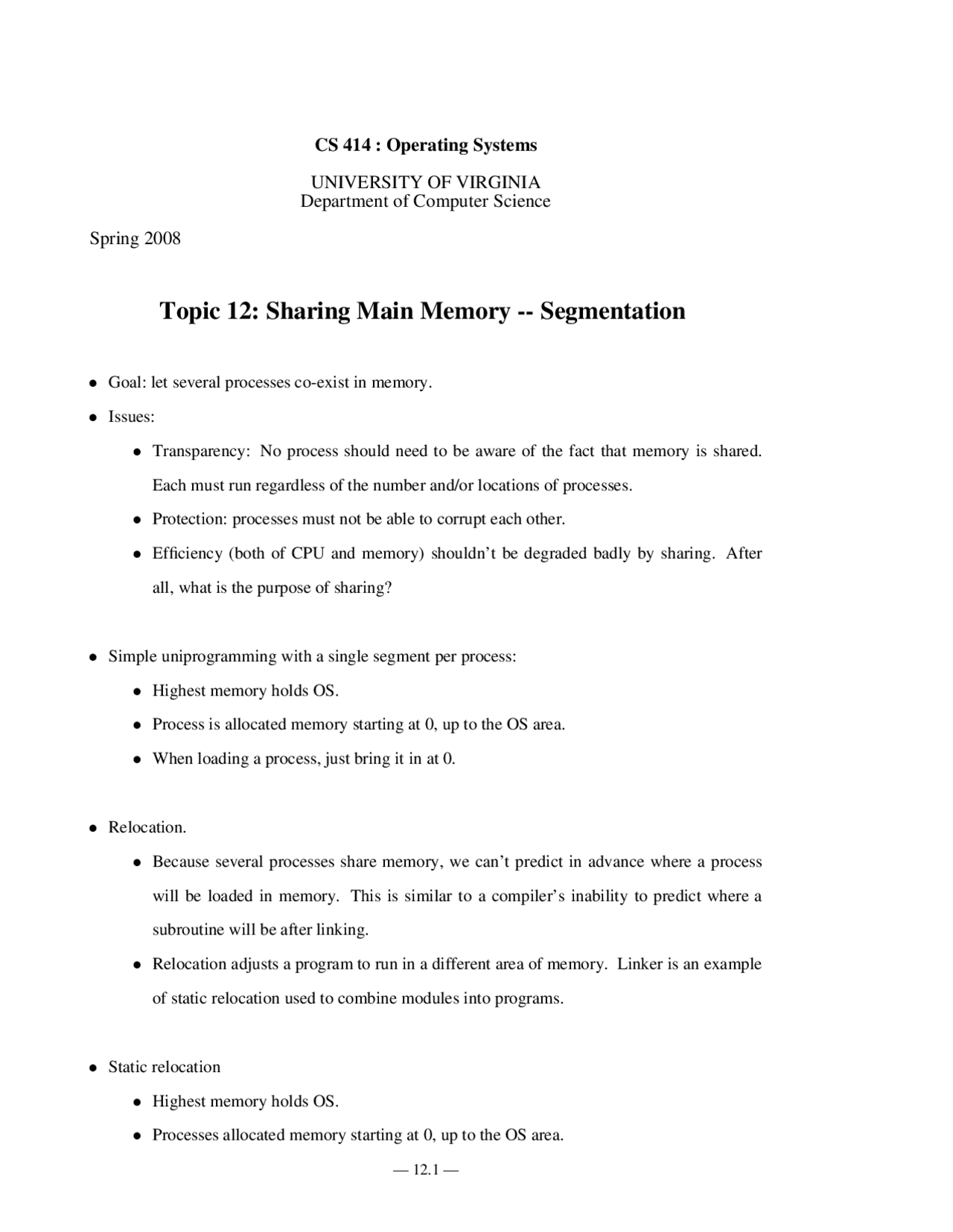 Sharing Main Memory-Segmentation - Operating Systems | CS 4414 ...