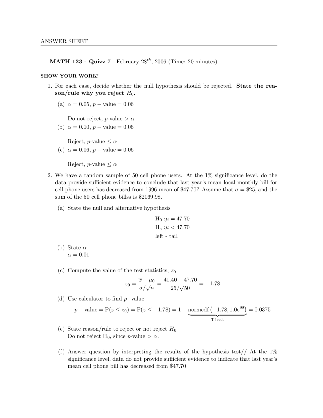 Quiz 7 on Quantitative Reasoning | MATH 123 - Docsity
