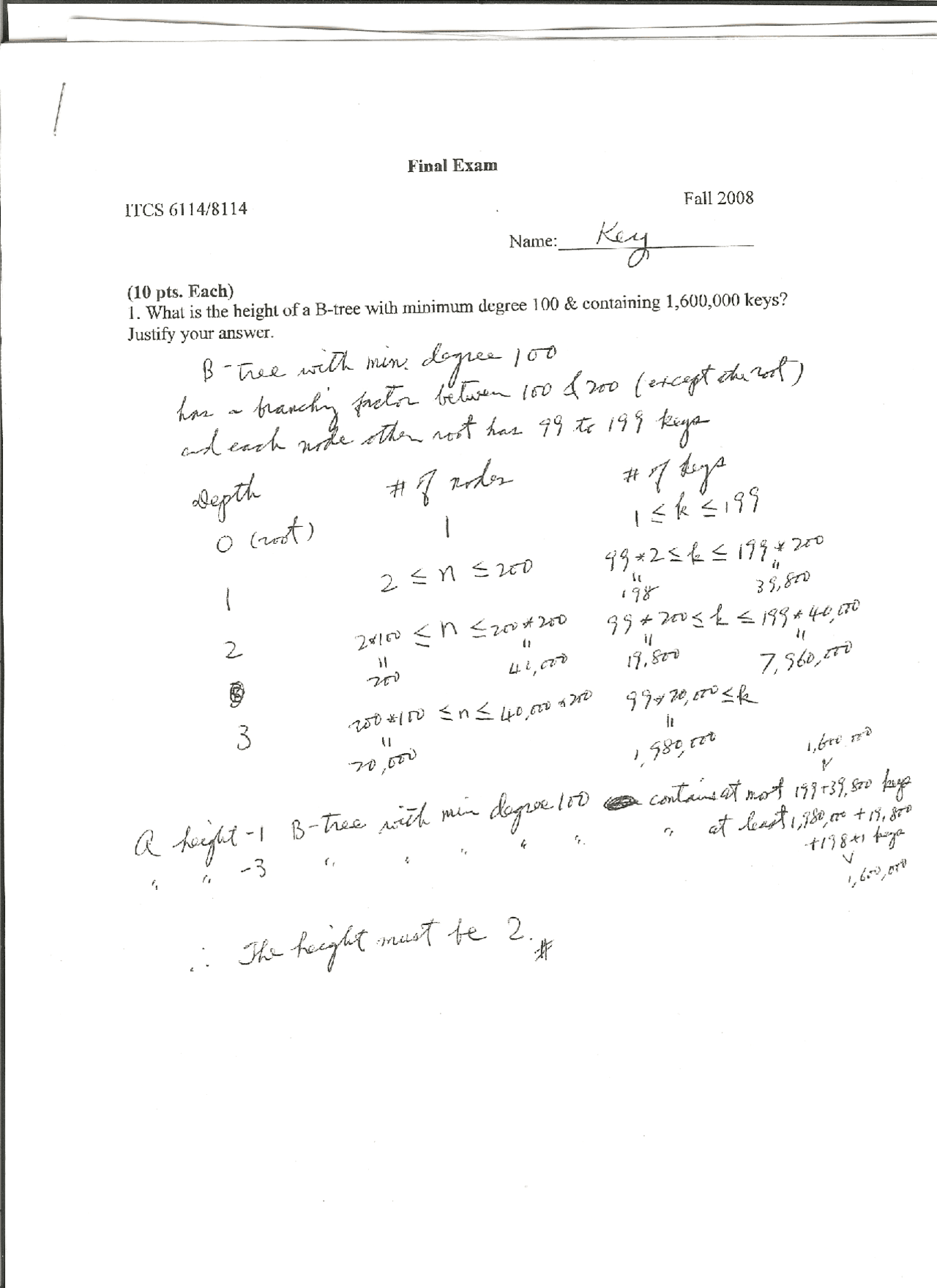 Final Exam With Answer Key Algorithm And Data Structures Itcs 6114