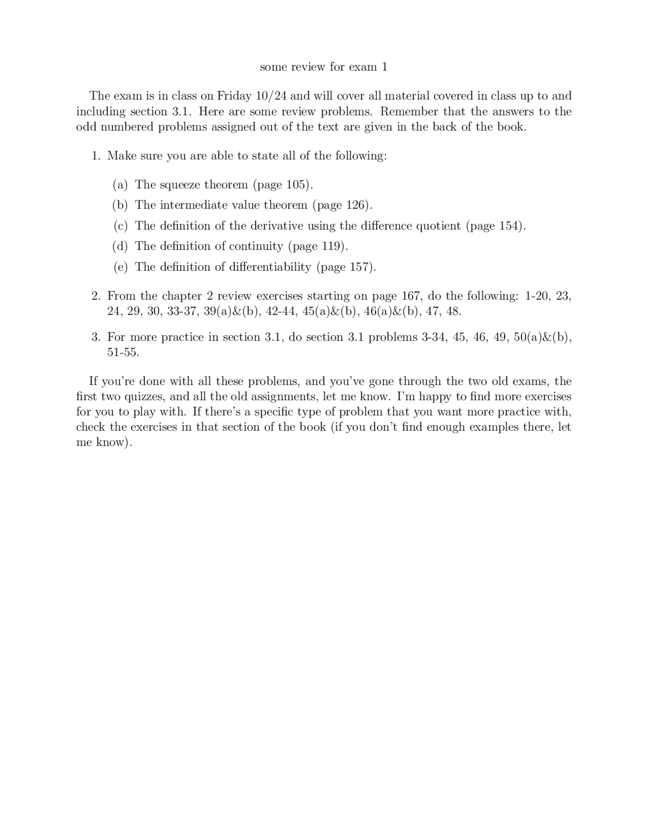 Calculus I Review For Exam 1 Math 251 Docsity