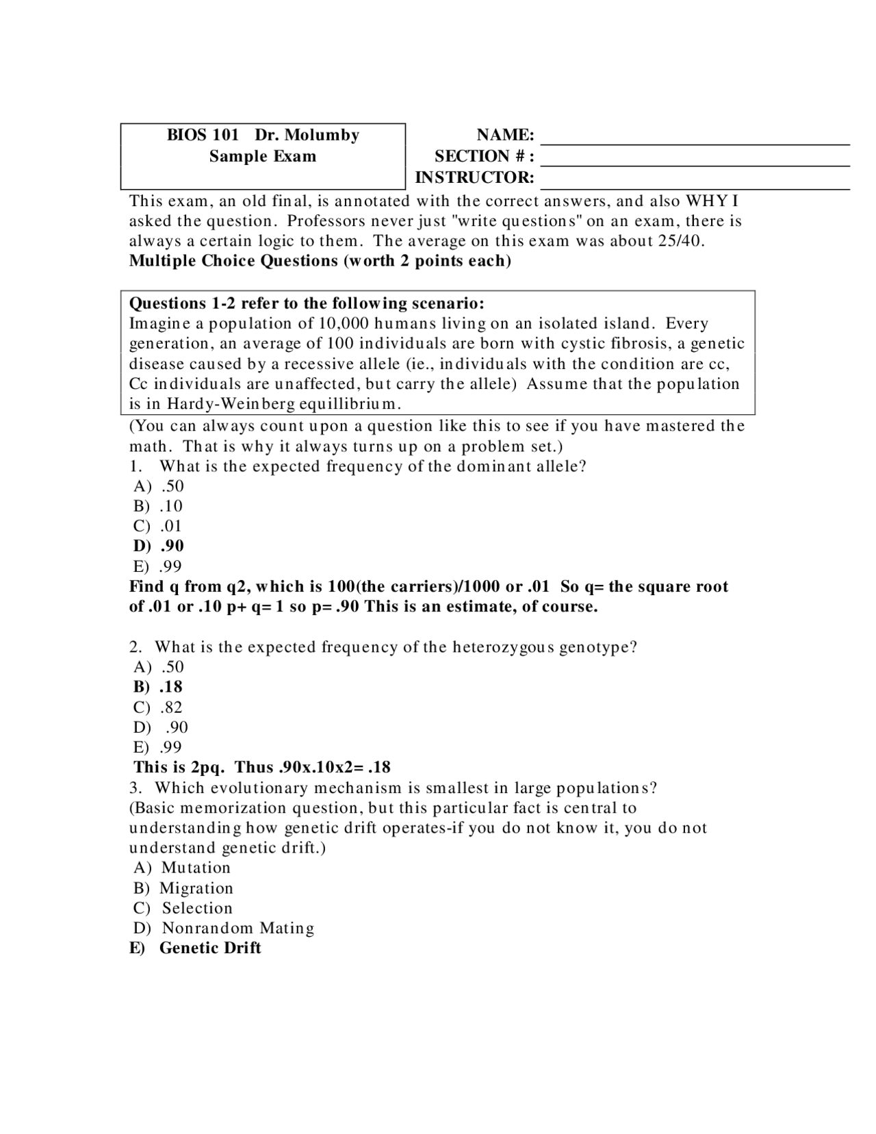 Sample Exam With Answer Key Biology Of Populations And Communities