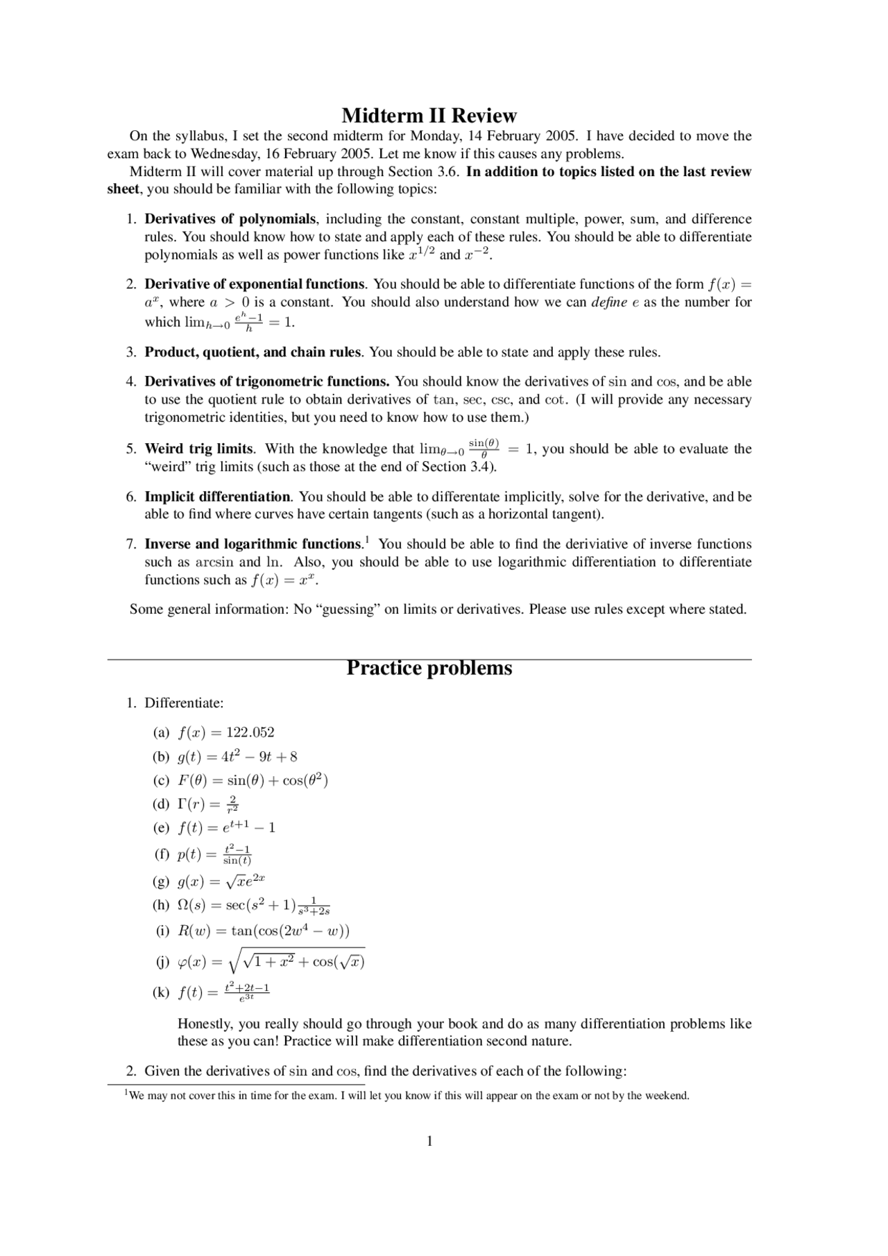 Midterm 2 Review and Practice Problems | Calculus I | MATH 251 - Docsity