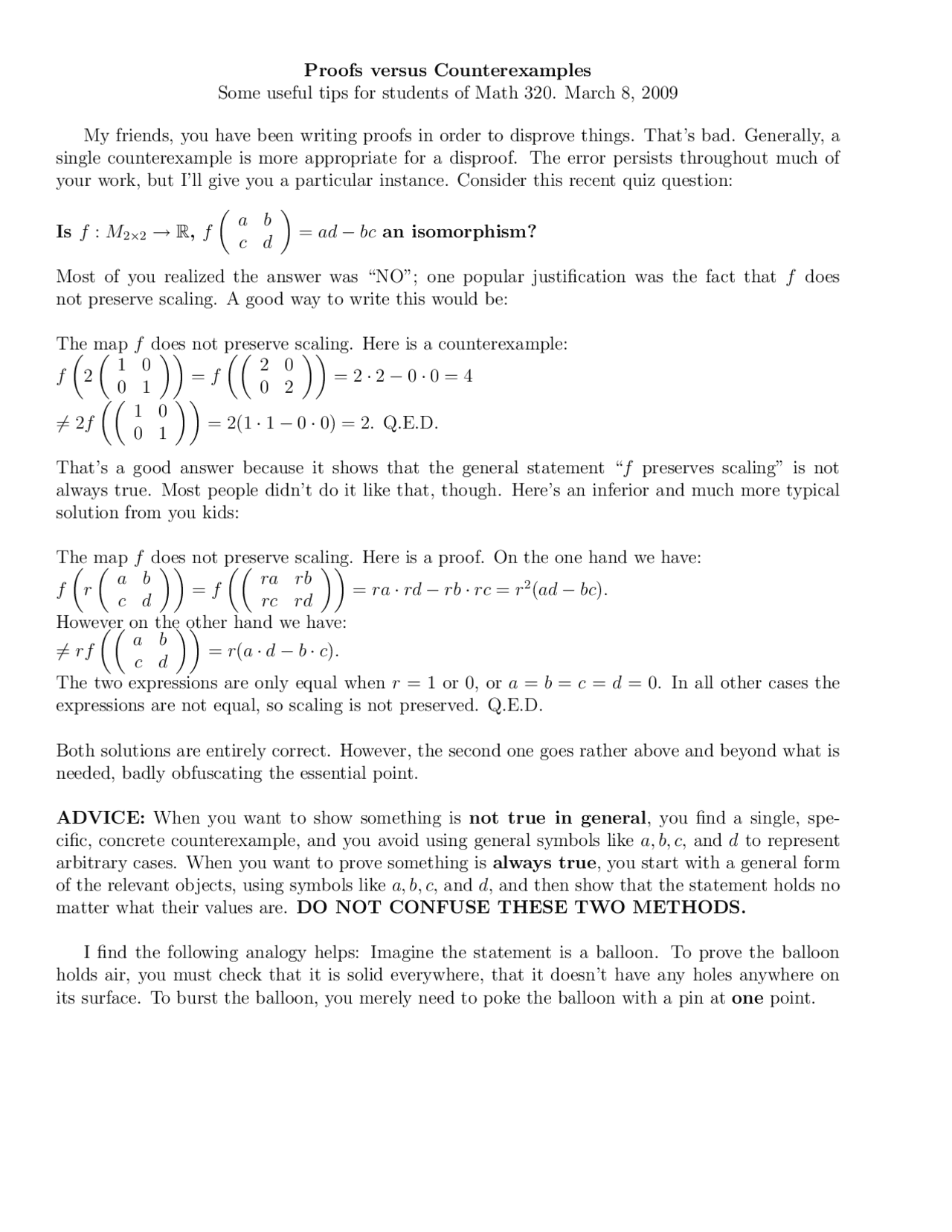 Proof Versus Counter Examples - Linear Algebra I | MATH 320 - Docsity