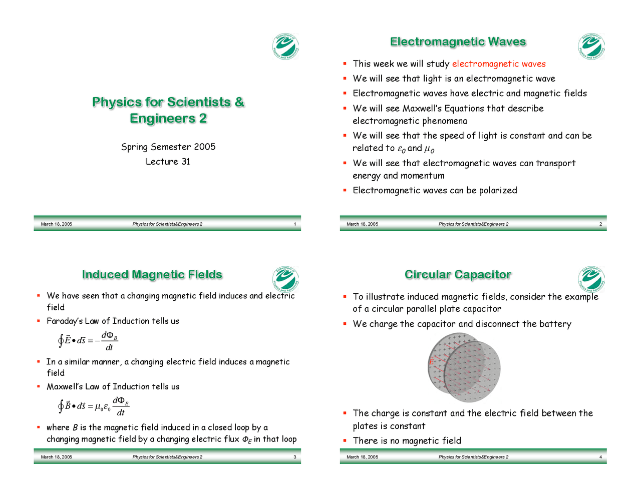 Electromagnetic Waves Lecture Slides Phy 184 Docsity