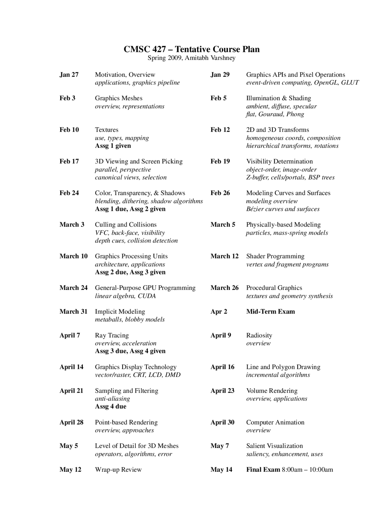 Tentative Course Plan Computer Graphics Cmsc 427 Docsity 9168