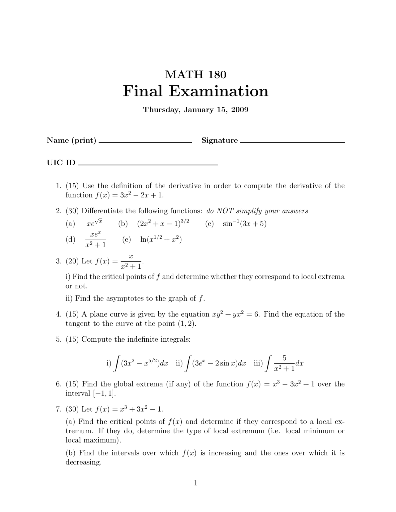 10 Questions On Calculus I Final Exam Math 180 Docsity