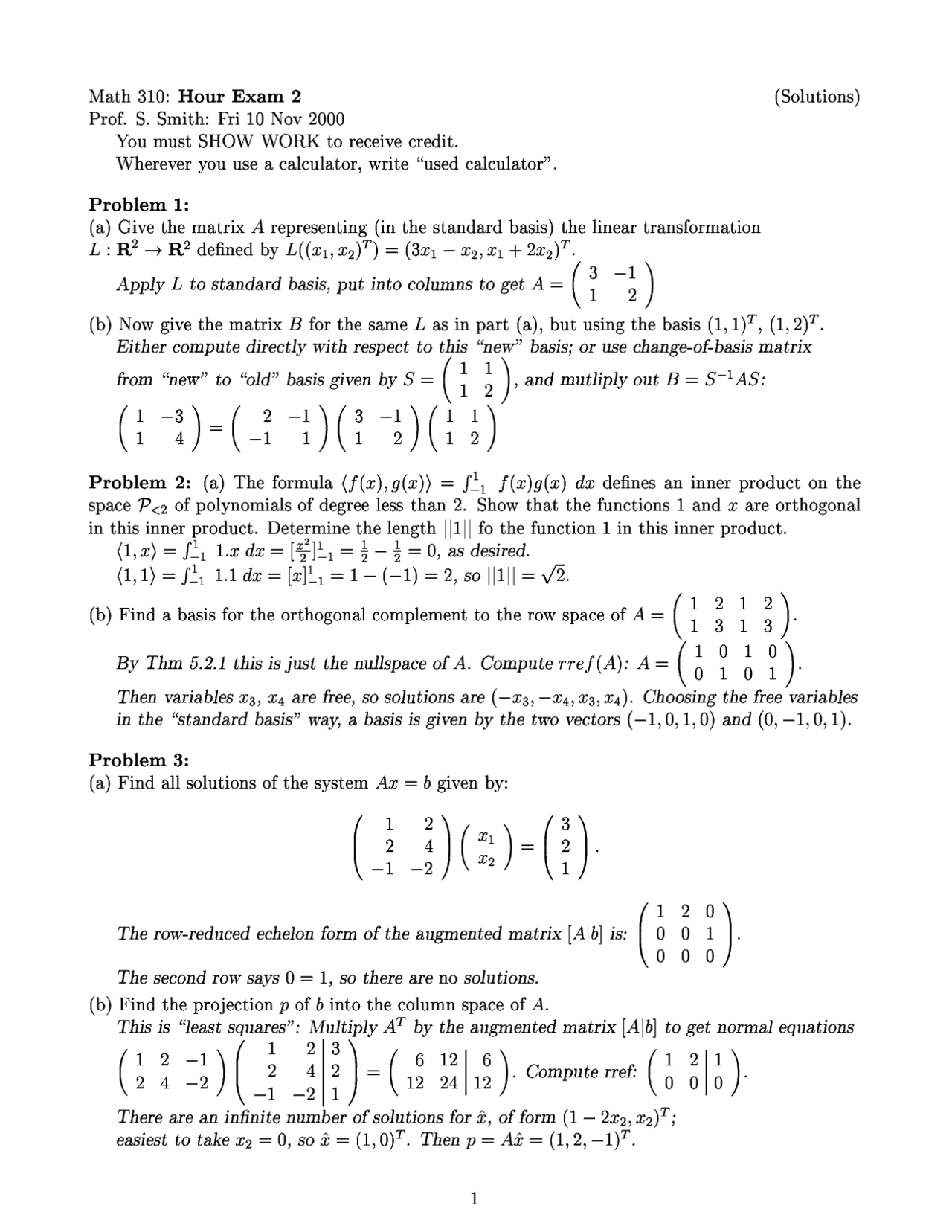 Resolution for Exam 2 - Applied Linear Algebra - Fall 2000 | MATH 310 - Docsity