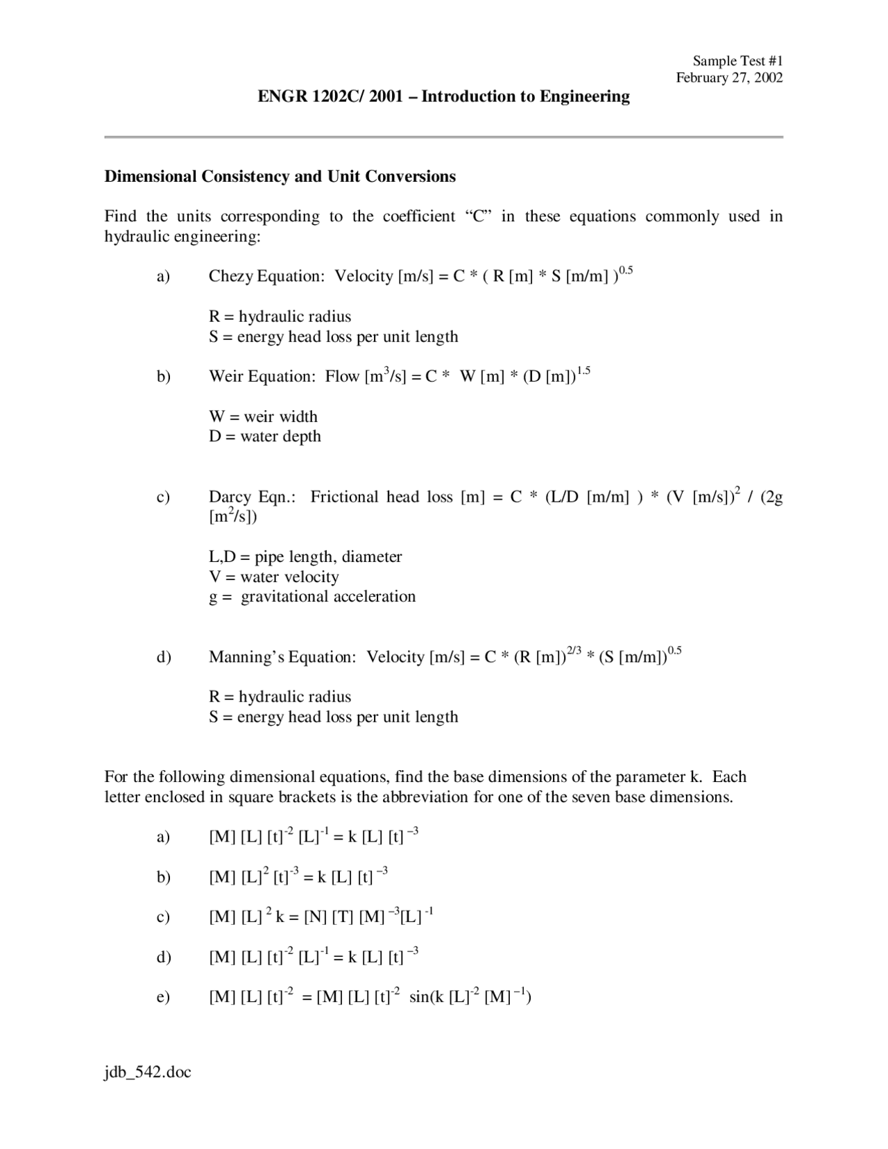 Sample Test 1 Introduction To Civil Engineering Engr 1202 Docsity