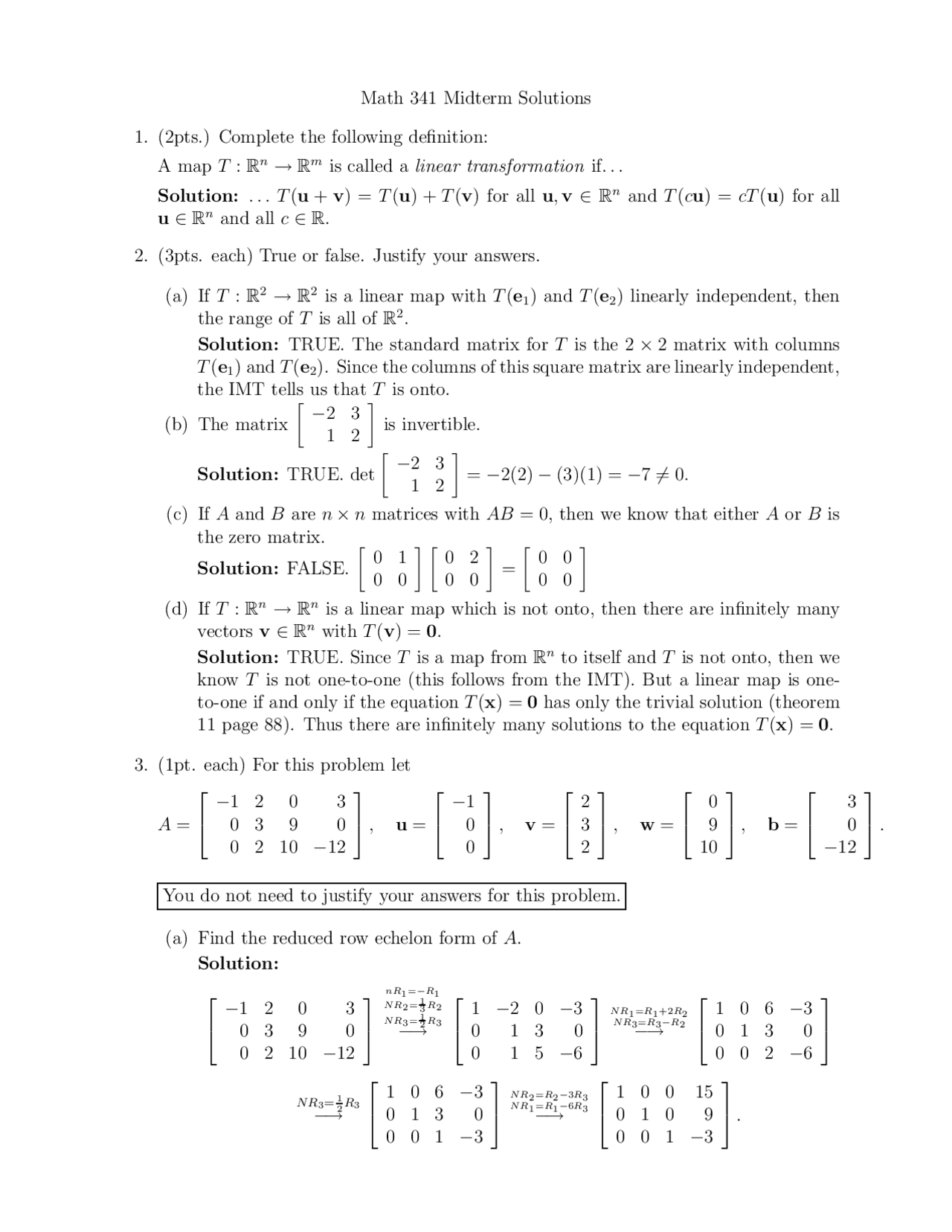 Midterm Exam Solutions - Elementary Linear Algebra | MATH 341 | Exams Linear Algebra | Docsity