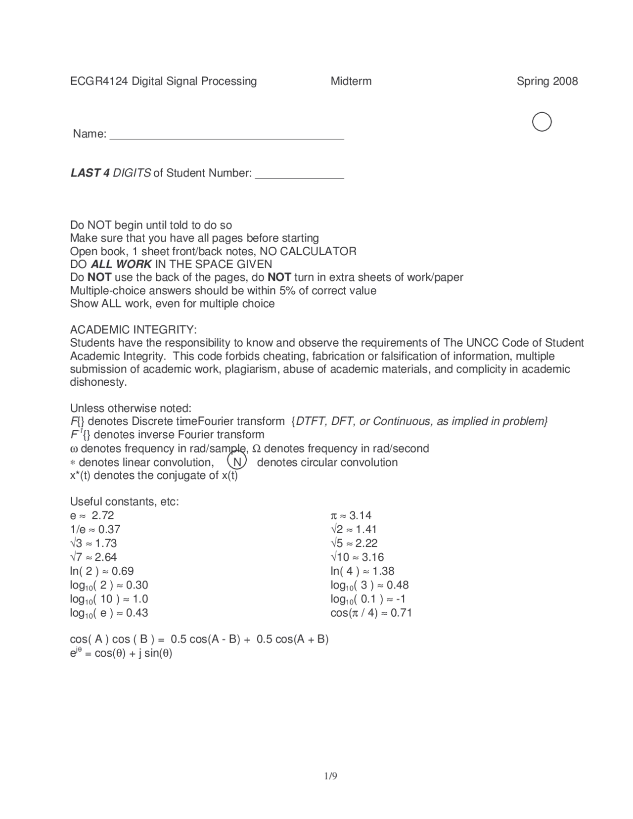 33 Multiple Choice Questions Of Digital Signal Processing Midterm