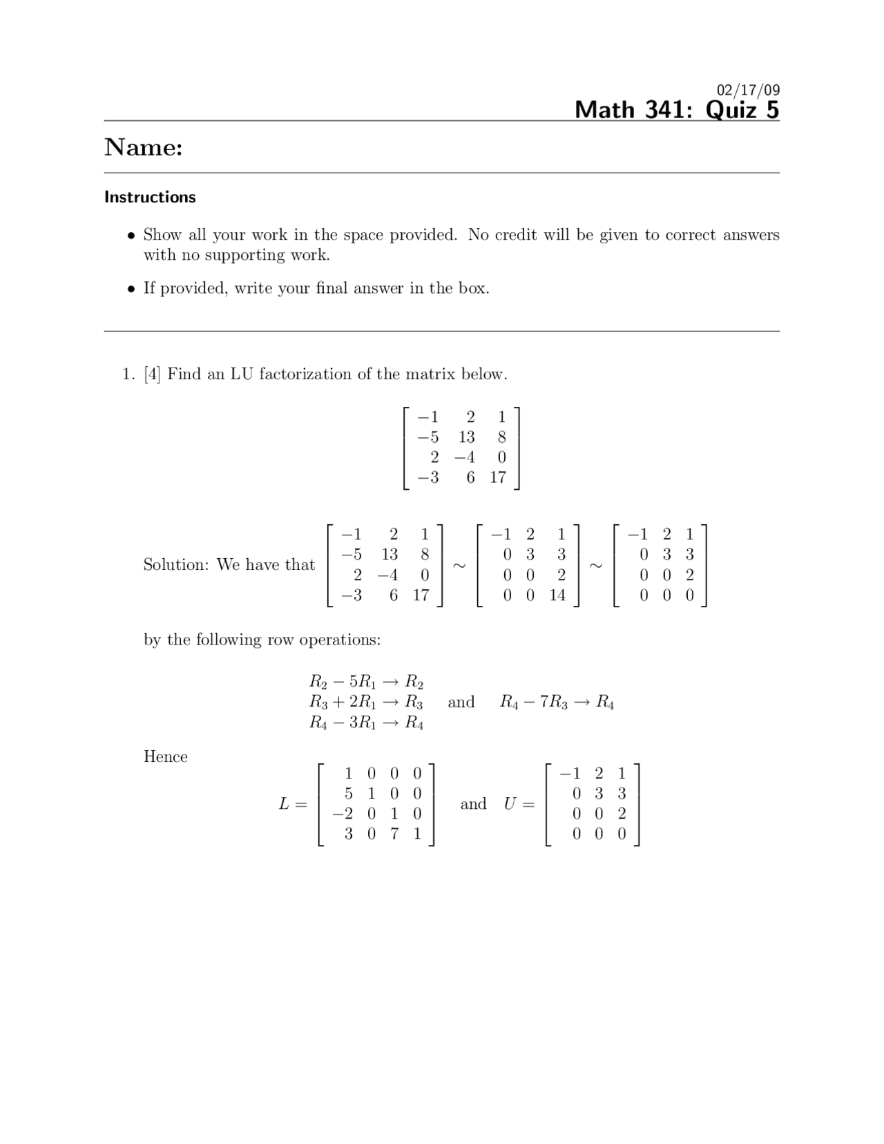 Elementary Linear Algebra - Quiz Five Questions | MATH 341 - Docsity