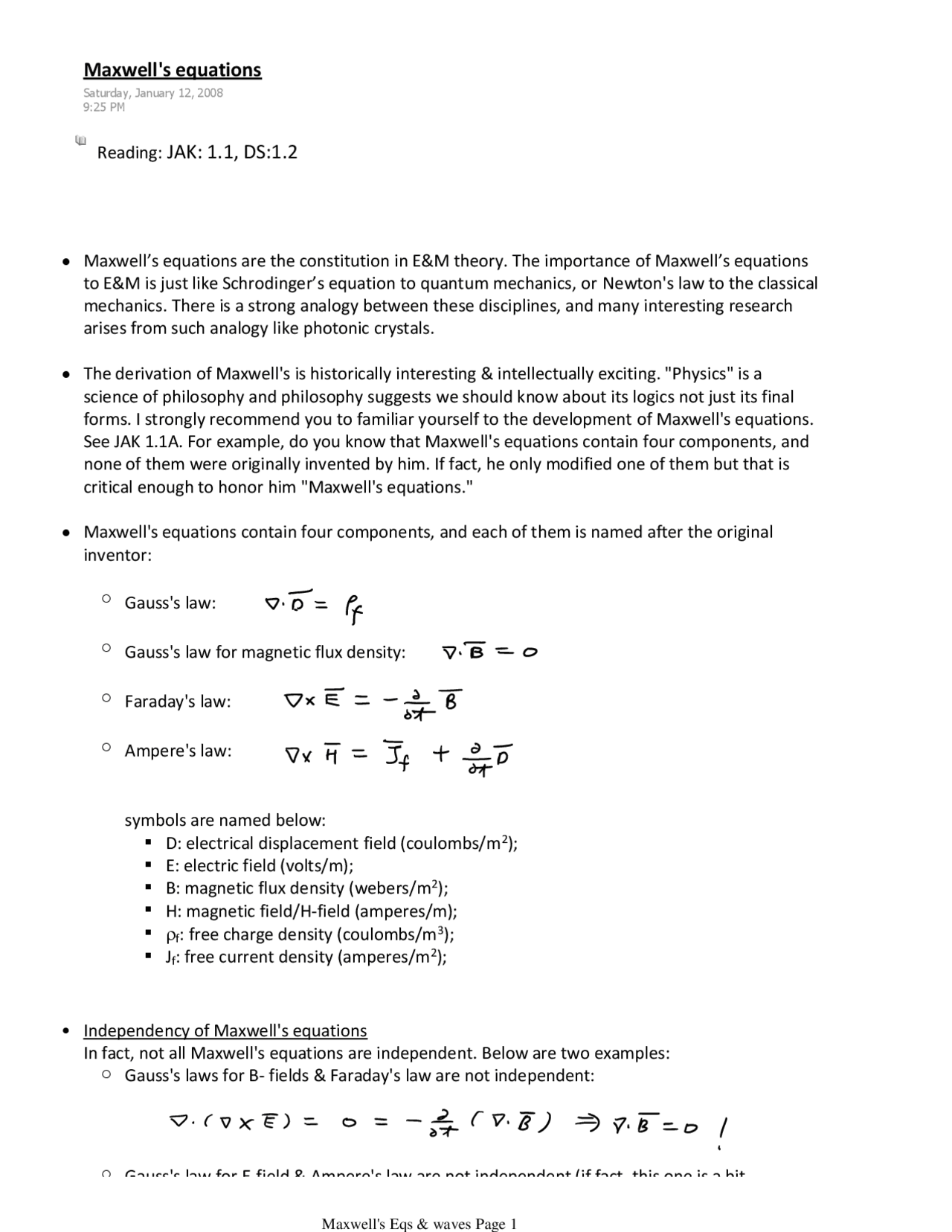 Solved Questions of Maxwell's Equation of Electromagnetic Waves | OPTI 6104 - Docsity