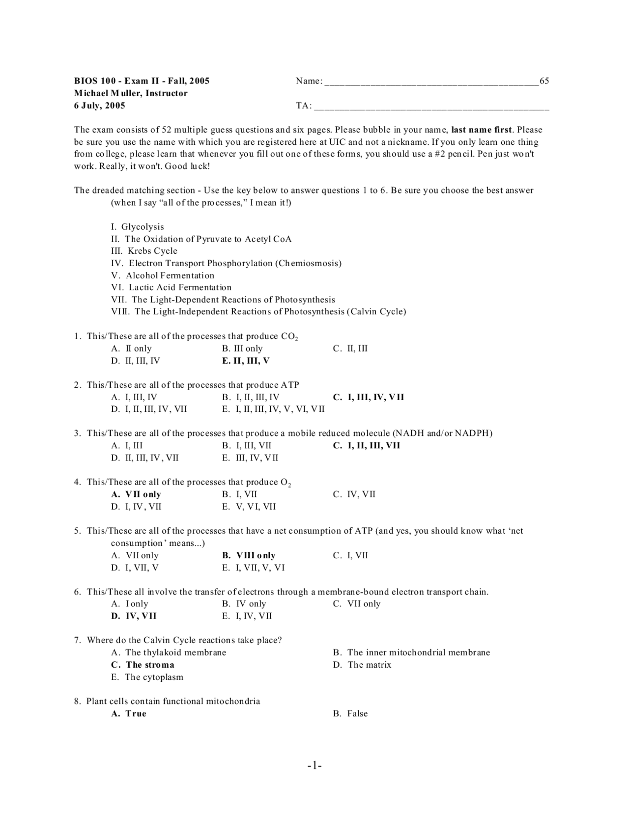 52 Solved Mcqs In Examination 3 Cells And Organisms Bios 100 Docsity