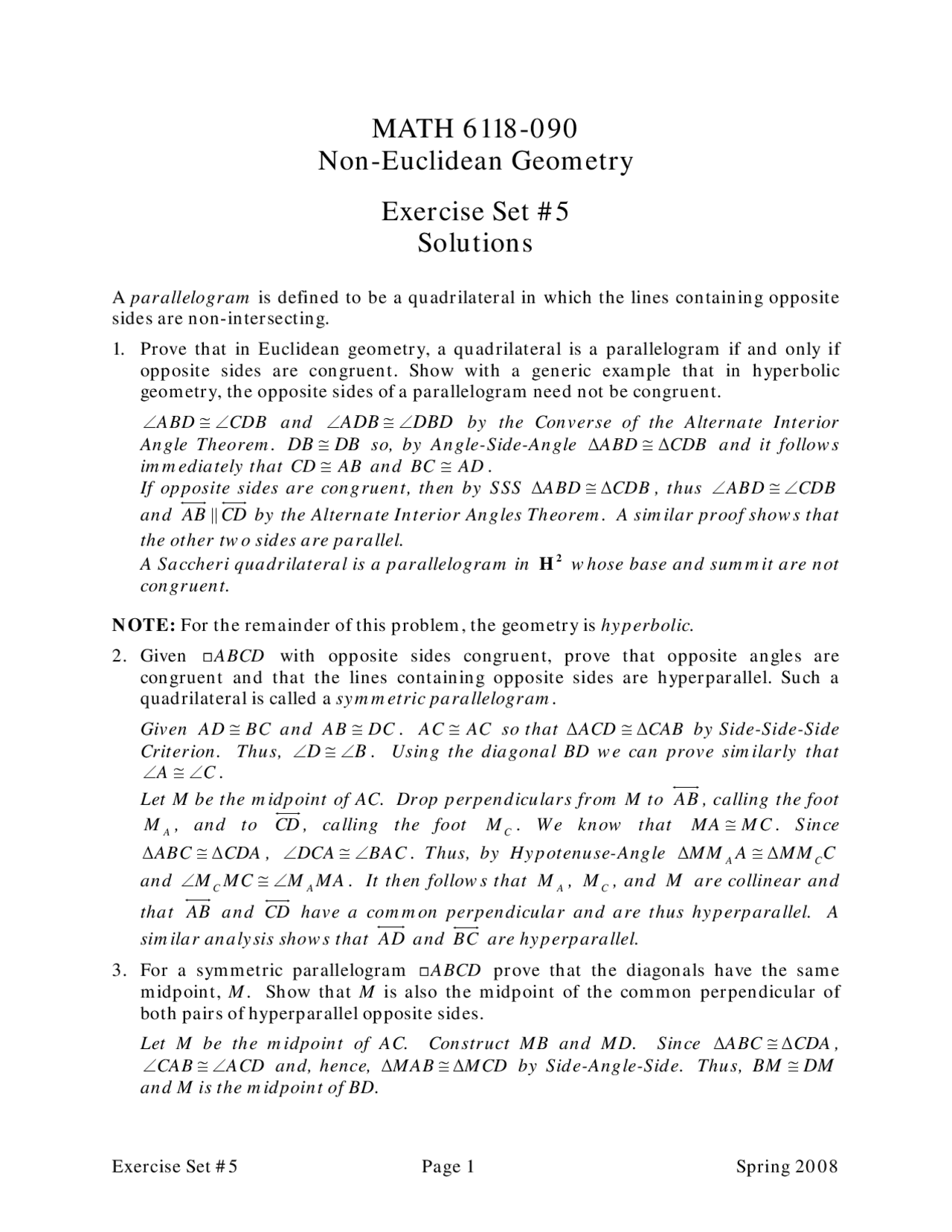 Non Euclidean Geometry Exercises With Solutions Math 6118 Docsity