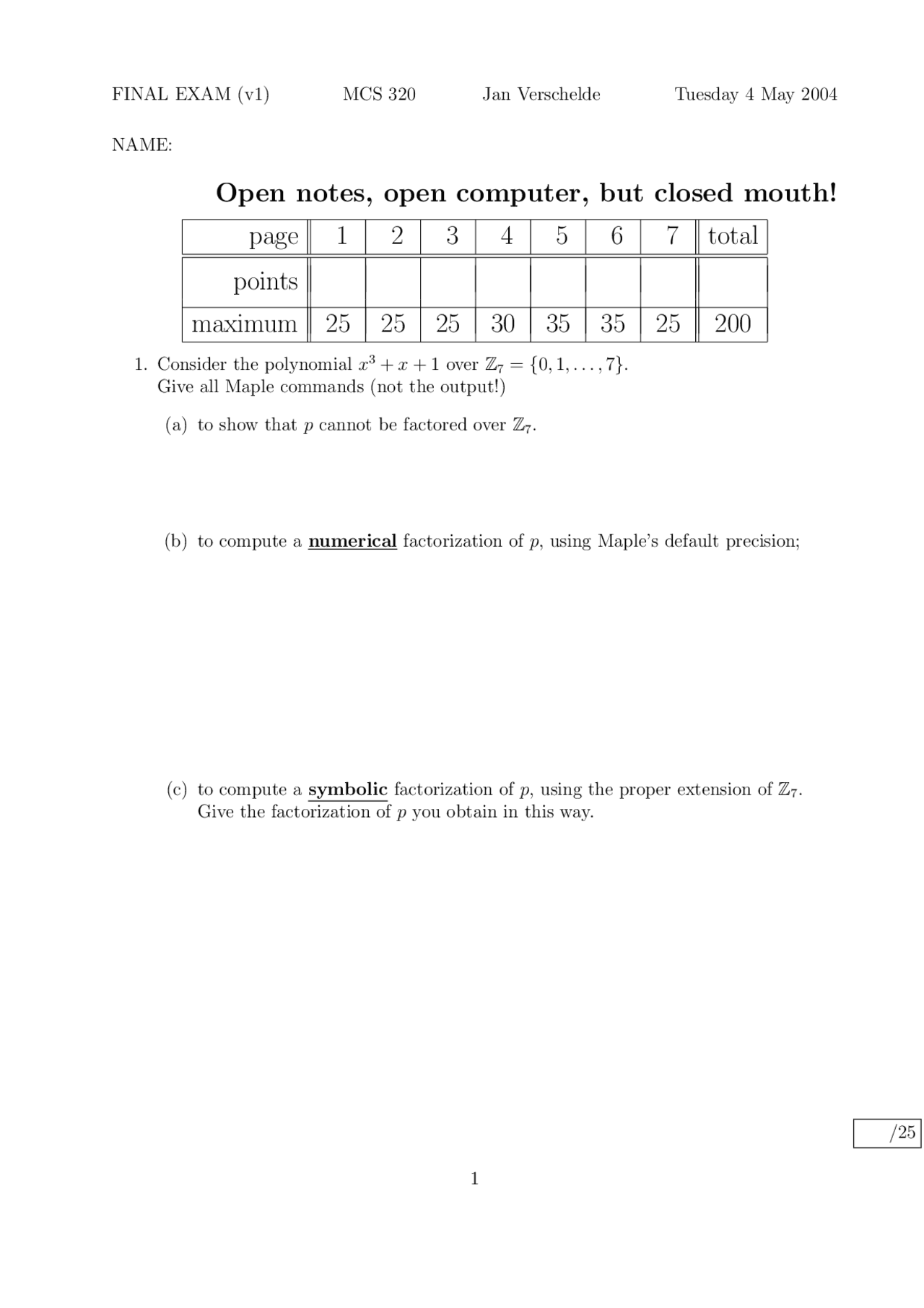 Take Home Final Exam Introduction To Symbolic Computation Mcs 320