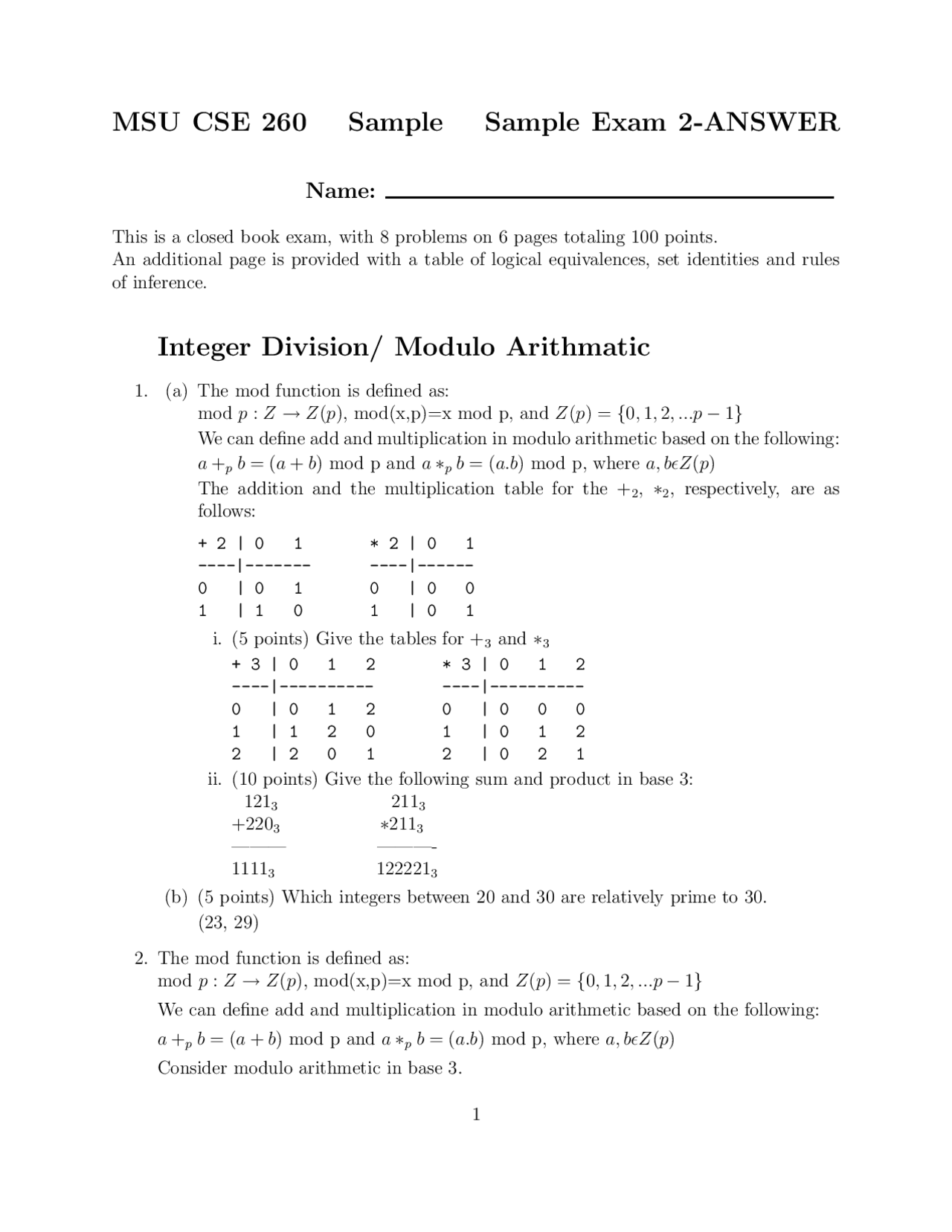 Sample Questions For Exam 2 Discrete Structures Computer Science