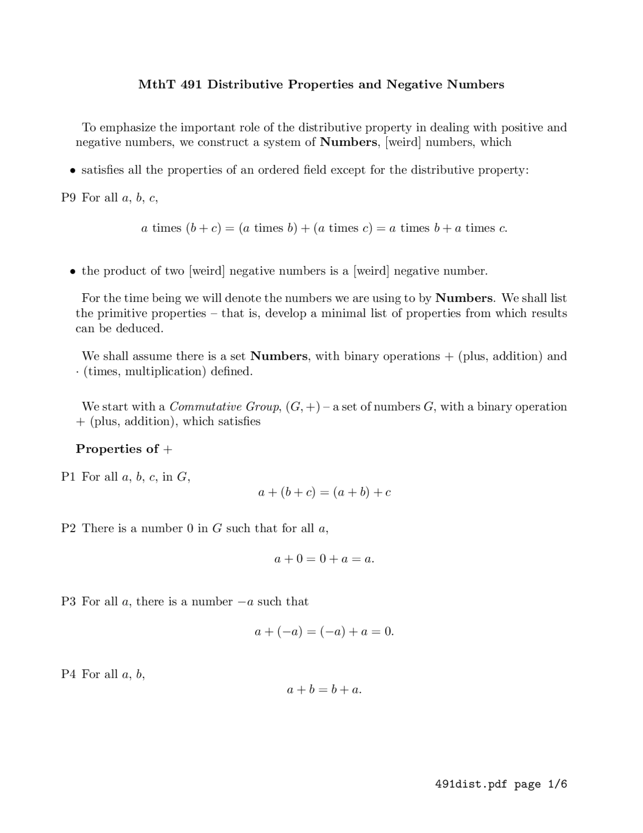 Notes on Distributive Properties and Negative Numbers | MTHT 430 - Docsity