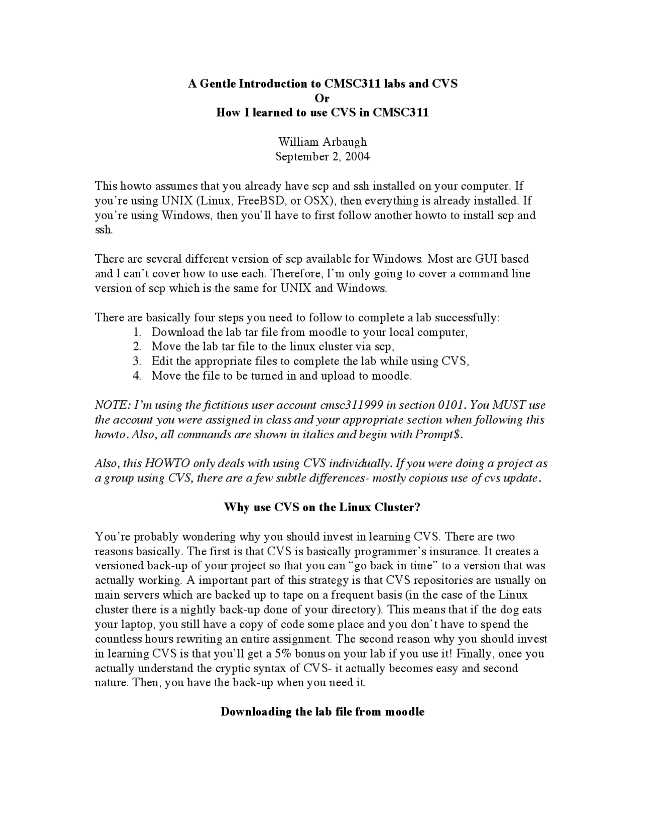 A Gentle Introduction to CVS - Computer Organization | CMSC 311 | Lab Reports Computer ...