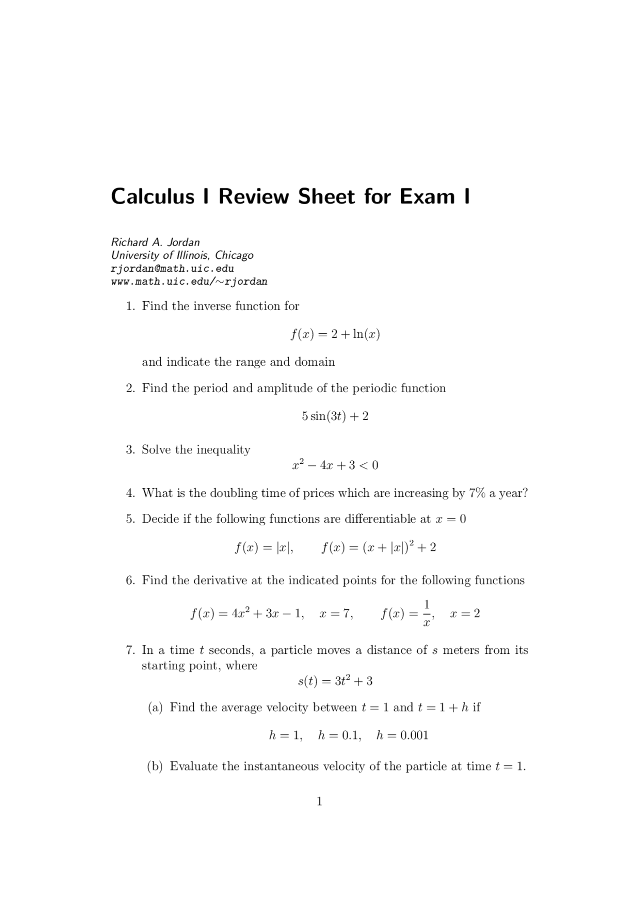 Review Sheet for Exam 1 - Calculus I | MATH 180 - Docsity